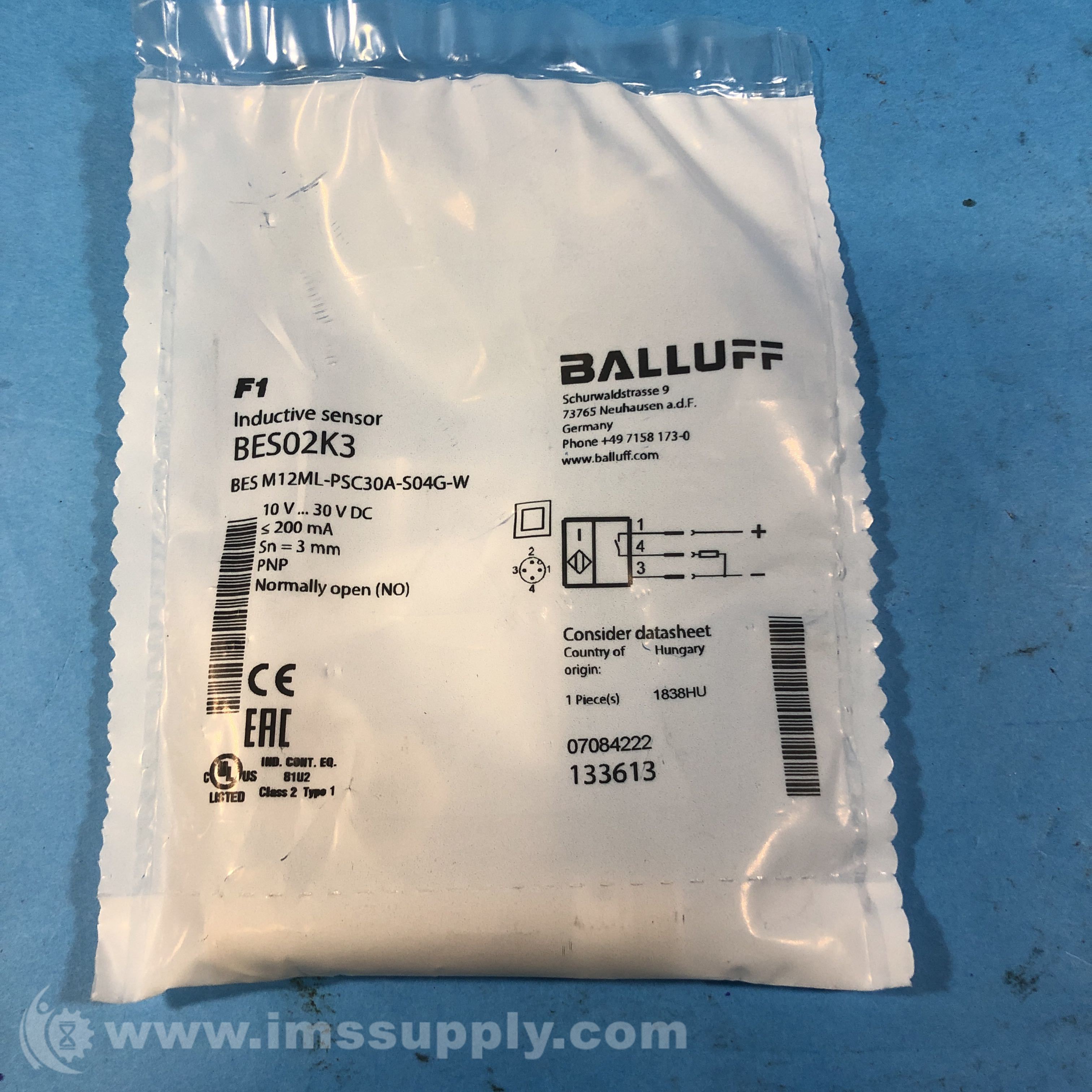 Balluff BES02K3 Inductive Sensor, 3mm Range, M12 Flush, PNP-NO - IMS Supply
