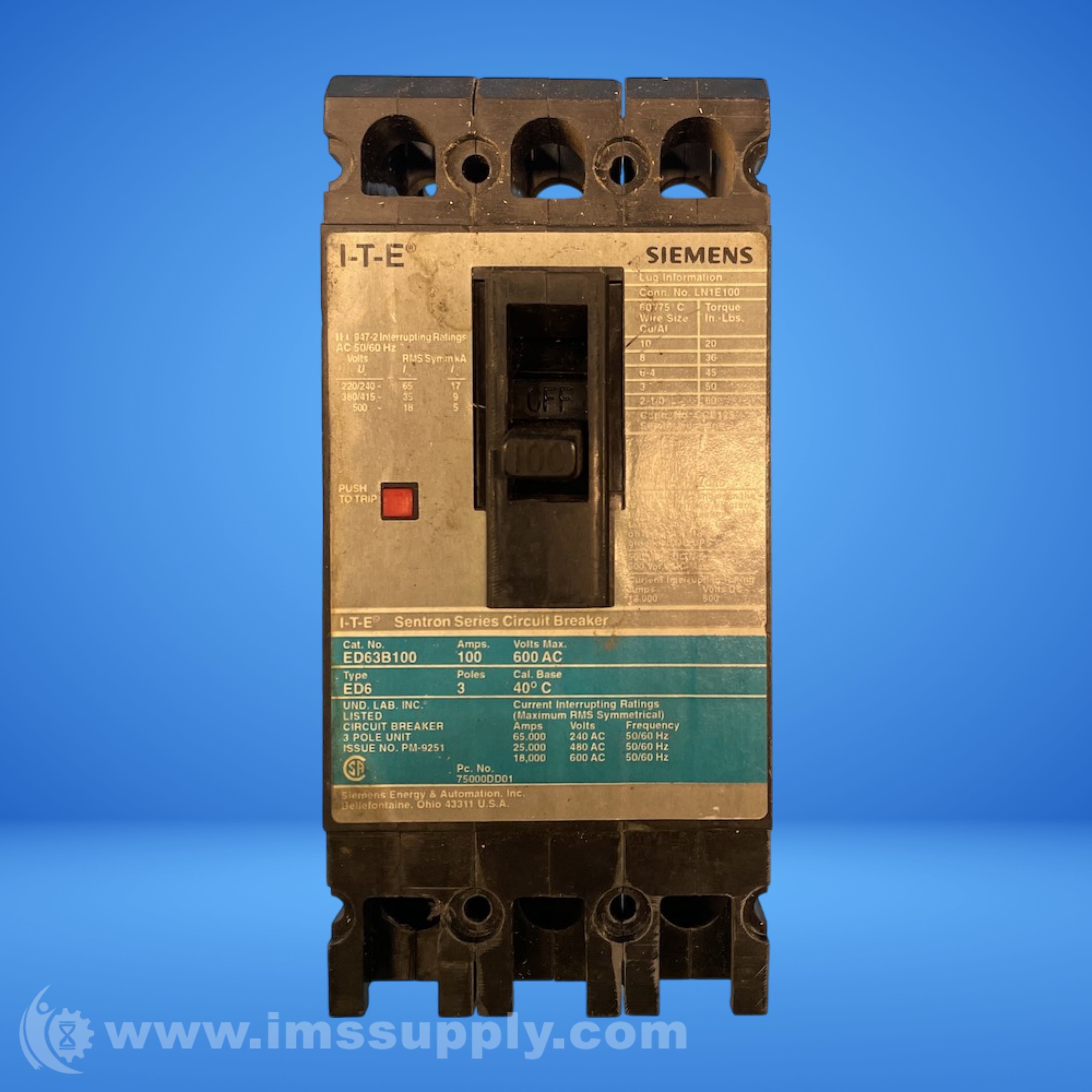 Siemens ED63B100 Circuit Breaker, 3-Poles, 100A, 600V - IMS Supply