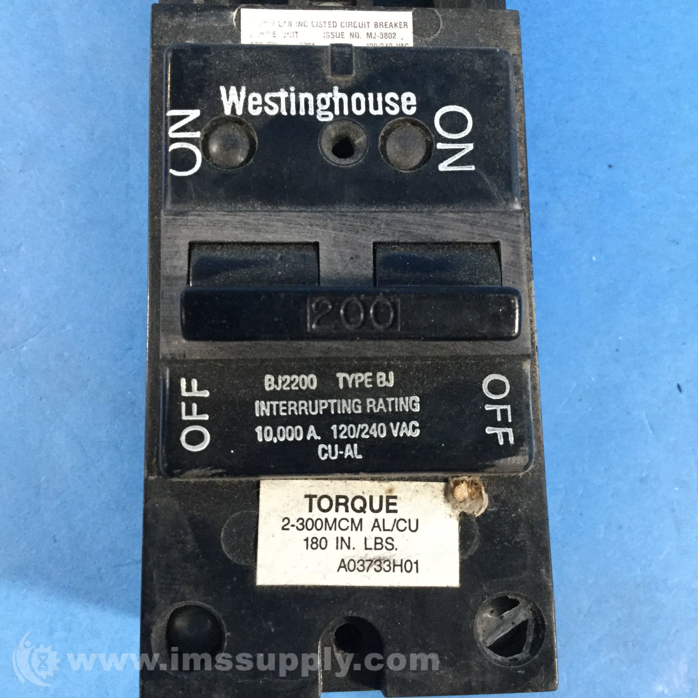 Westinghouse BJ2200 Circuit Breaker, Type BJ, 2-Pole, 200AMP - IMS Supply