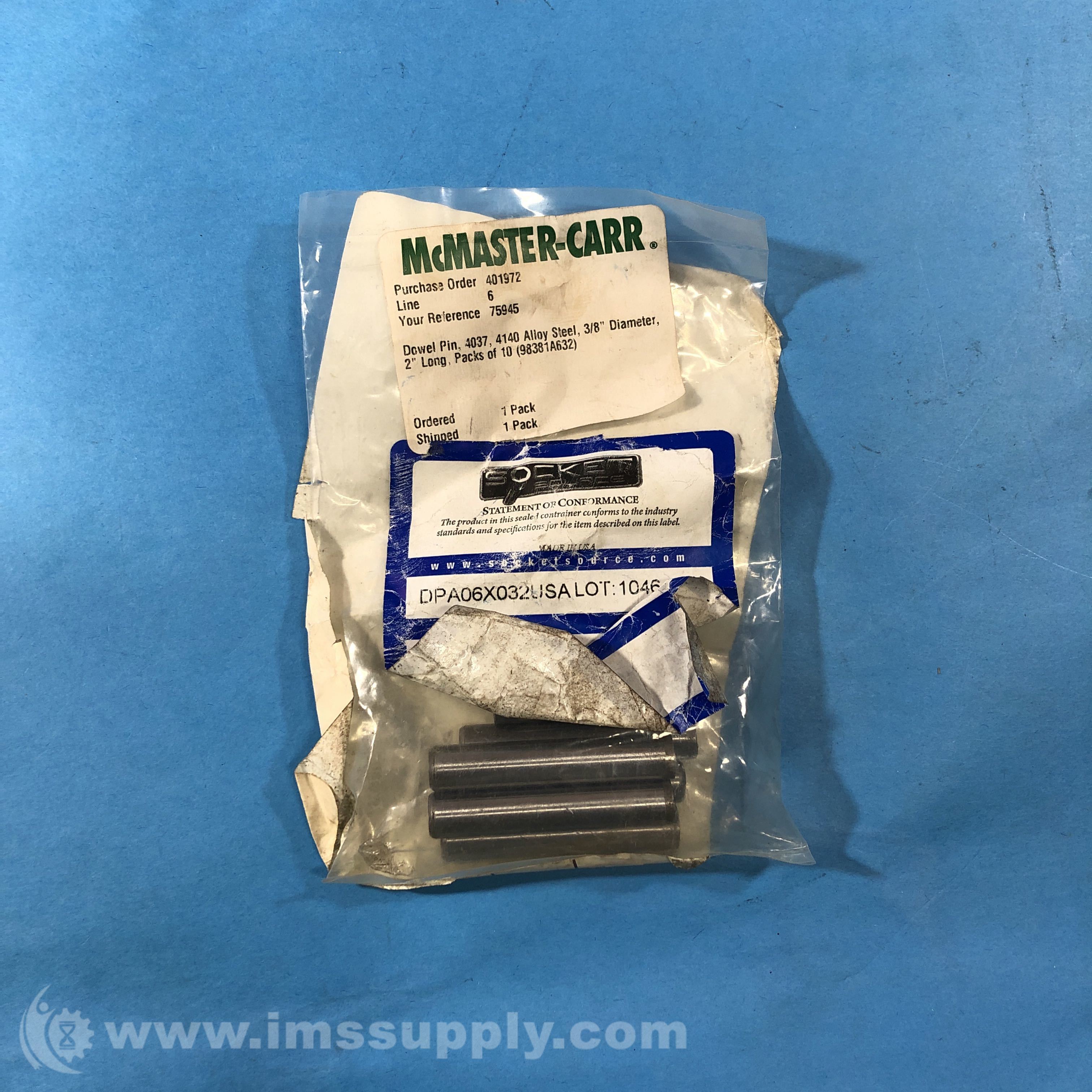 McMaster-Carr 98381A632 Pack of 10 Dowel Pins - IMS Supply