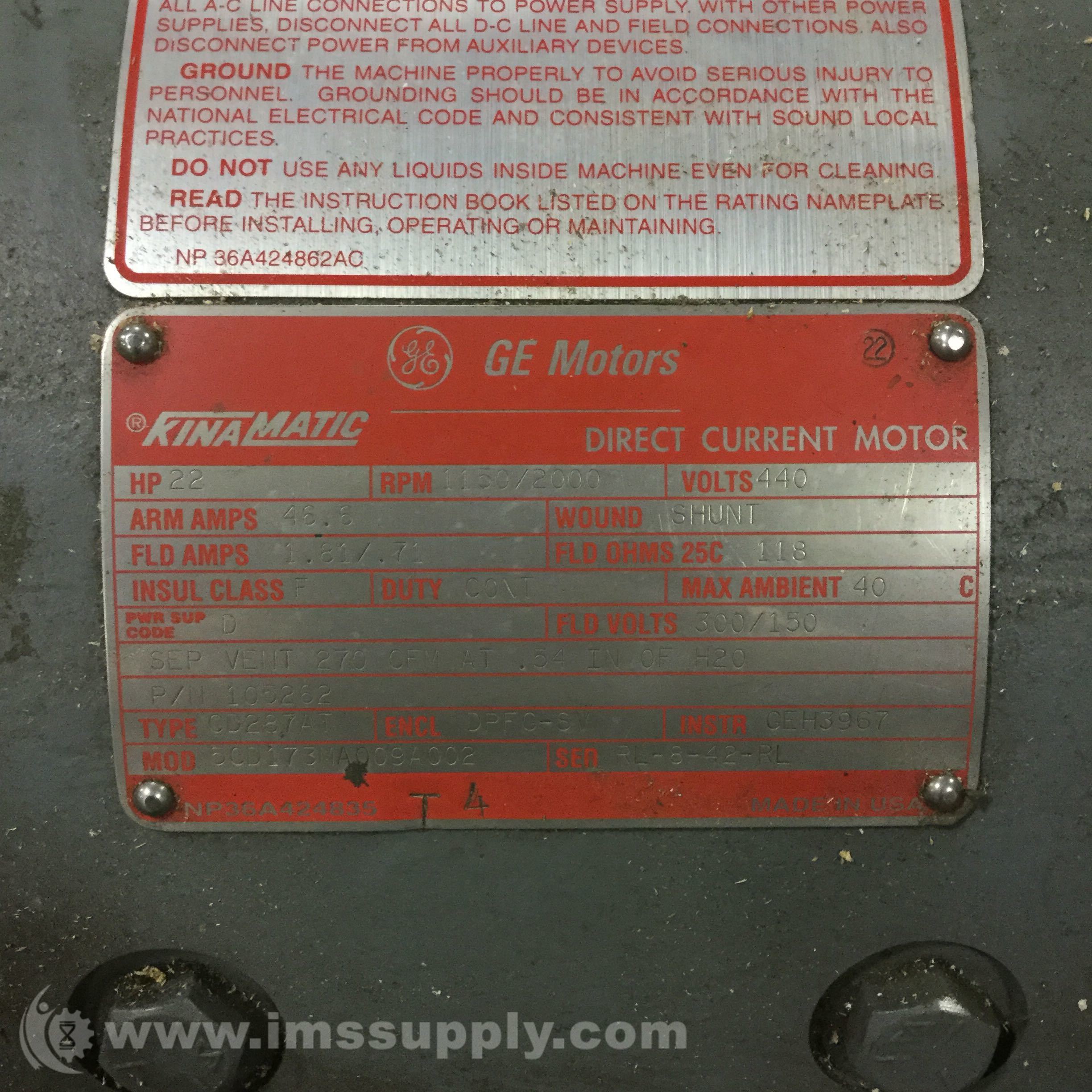 GE Motors CD287AT 22HP 2-Speed DC Motor 440V - IMS Supply