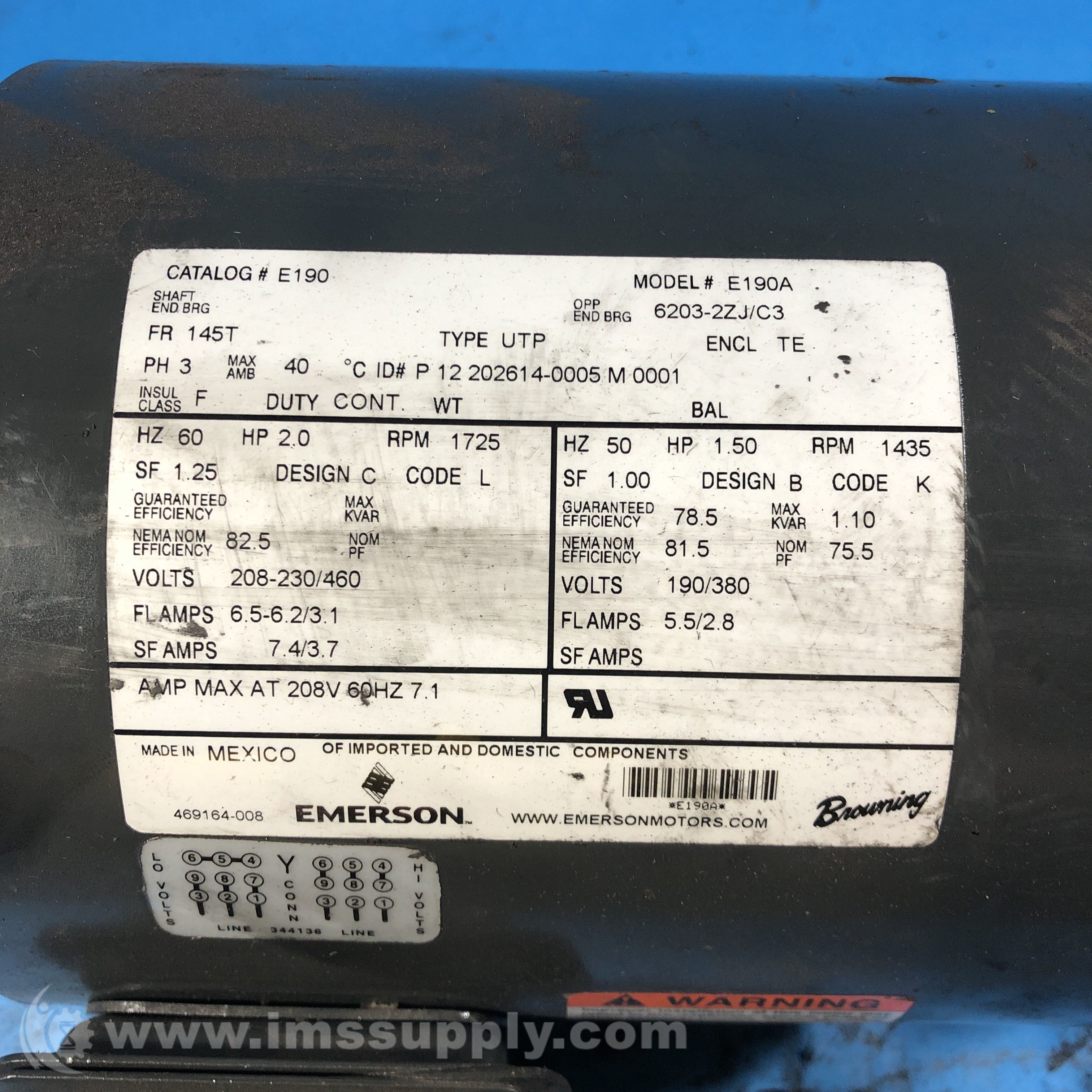Browning E190A Motor, 1725 RPM, 60Hz, 208-230/460V, 145T Frame - IMS Supply
