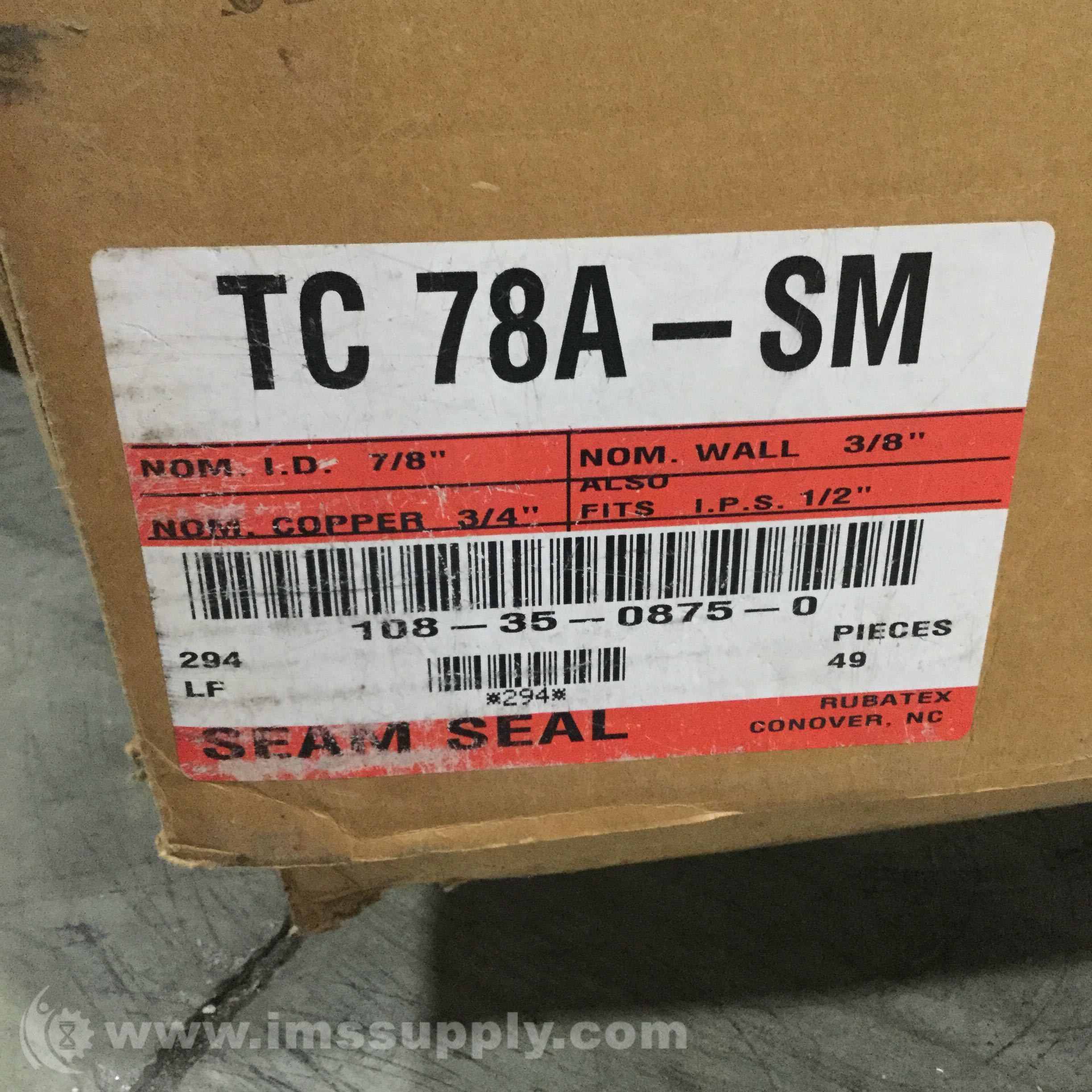 Rubatex TC 78A-SM Pipe Insulation, Box of 49, 7/8 ID, 3/8 Wall - IMS Supply