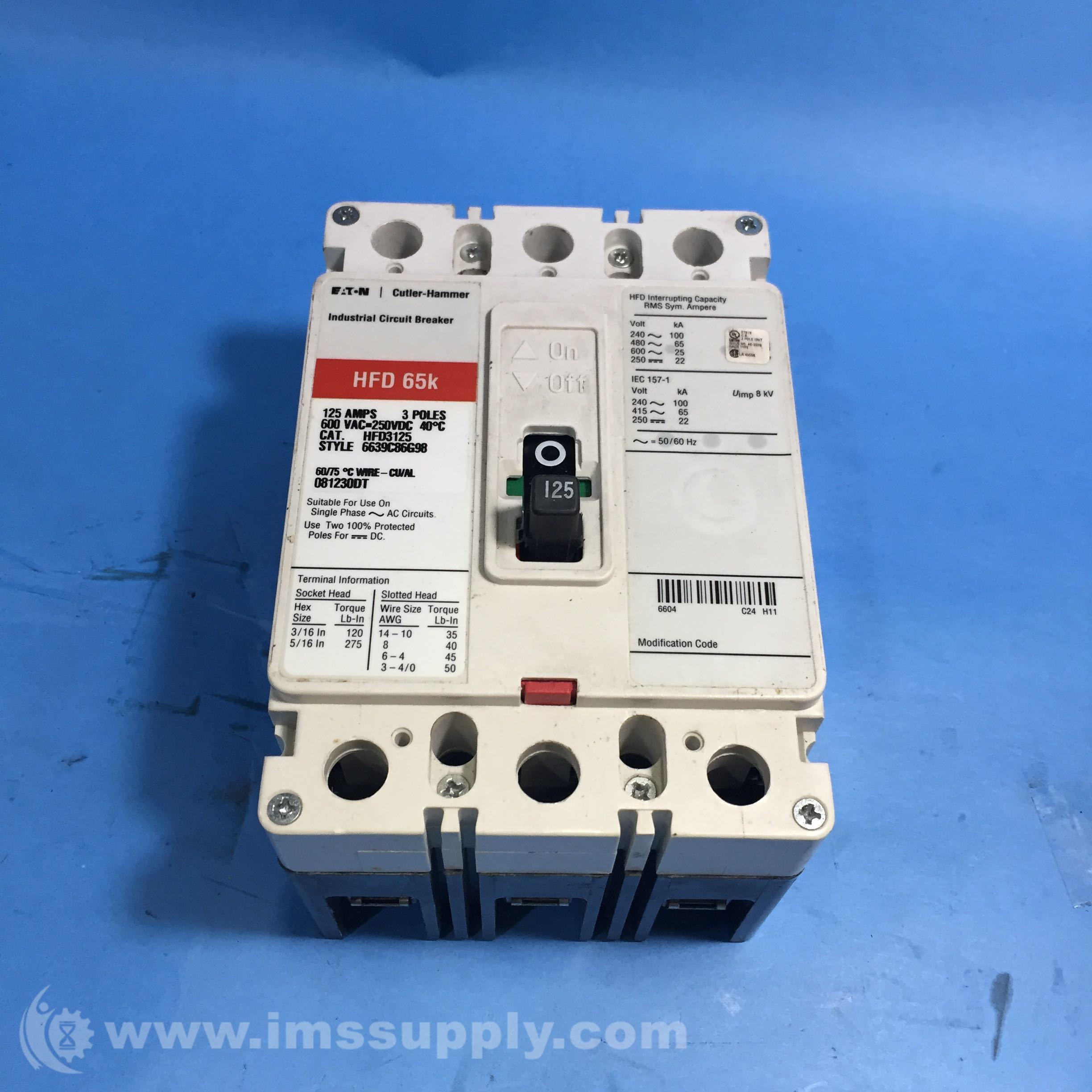 Cutler Hammer HFD3125 Three-Pole Circuit Breaker, F-Frame, 125A - IMS ...