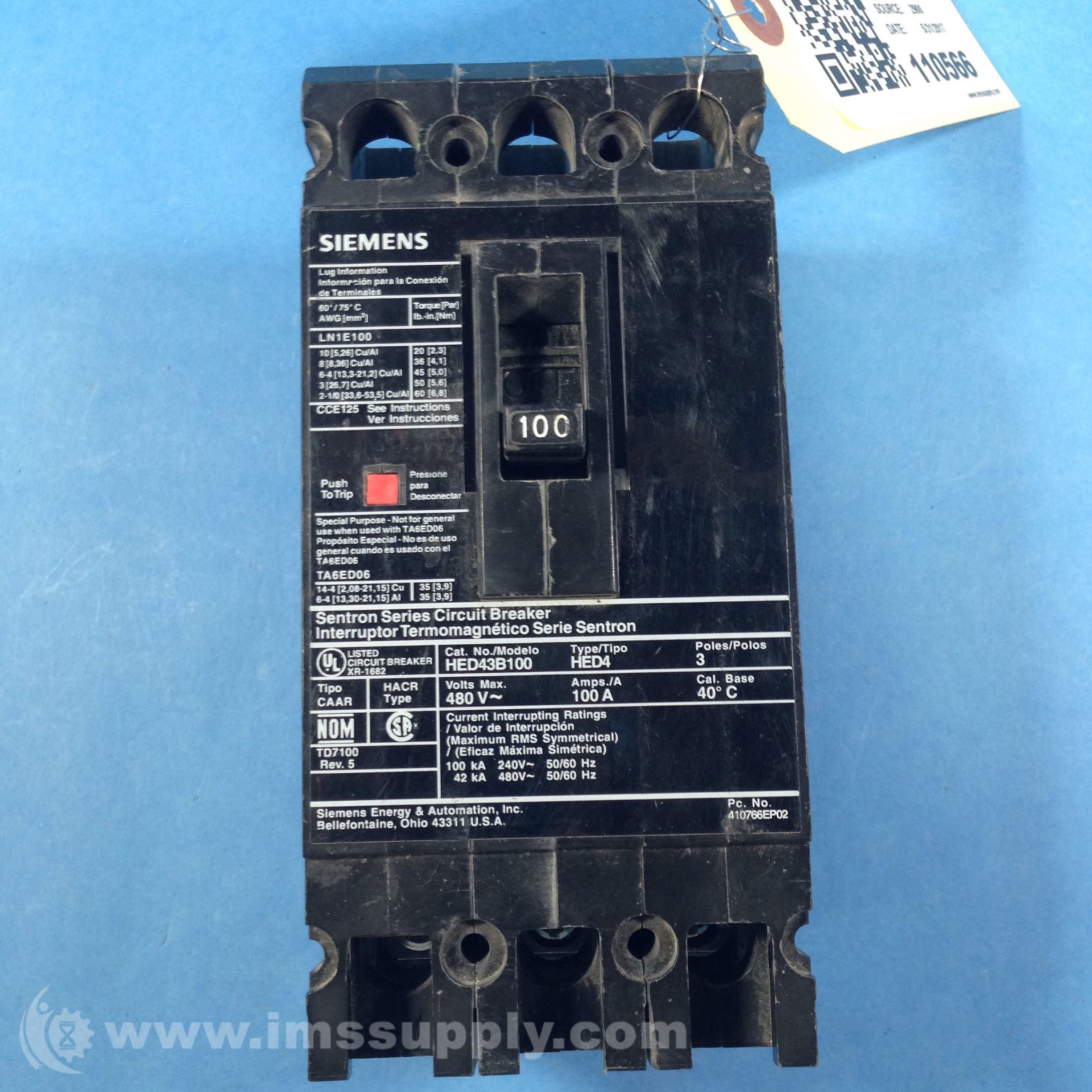 Siemens HED43B100 Circuit Breaker 3 Poles 100A 480V 42KA - IMS Supply