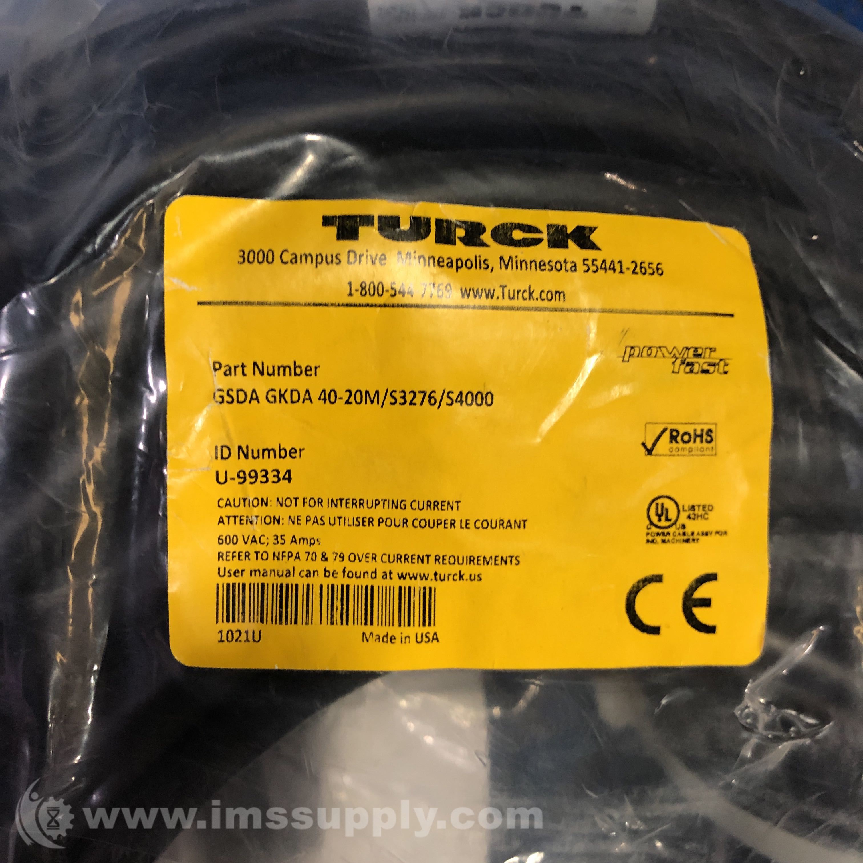 Turck GSDA GKDA 40-20M/S3276/S4000 Powerfast Double-End Cordset - IMS ...