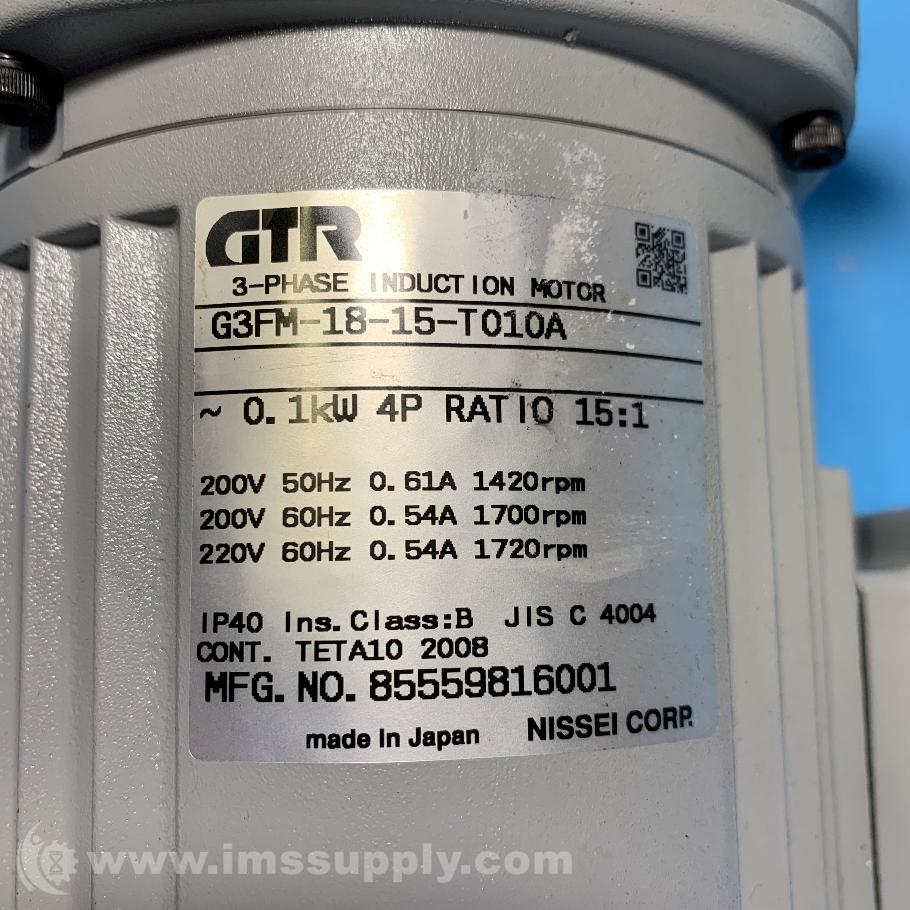 Nissei Corp. G3FM-18-15-T010A 3 Phase Induction Motor, 0.1 kW, 4P - IMS Supply