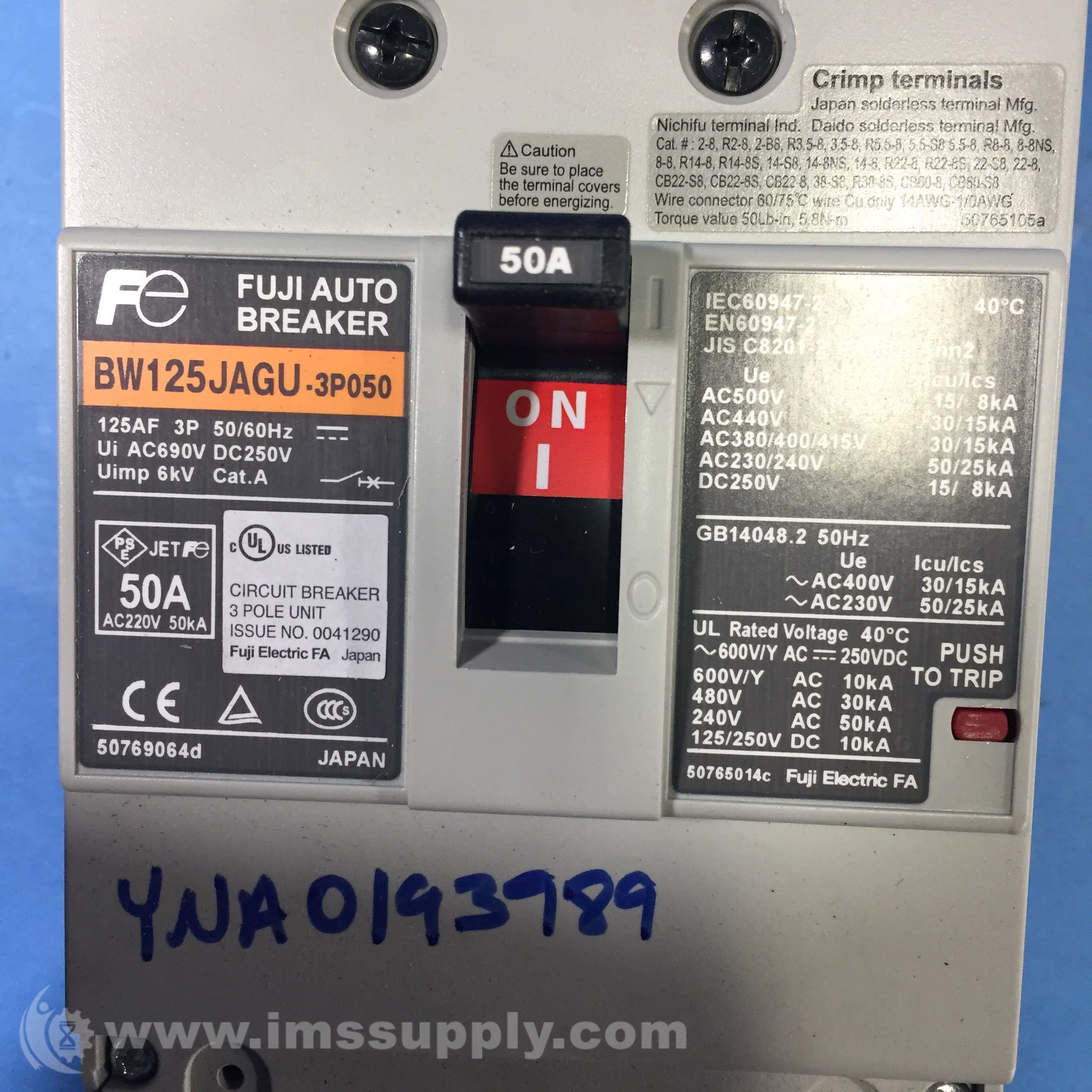 Fuji Electric BW125JAGU-3P050 Circuit Breaker, 50 Amp, 3 Pole - IMS Supply