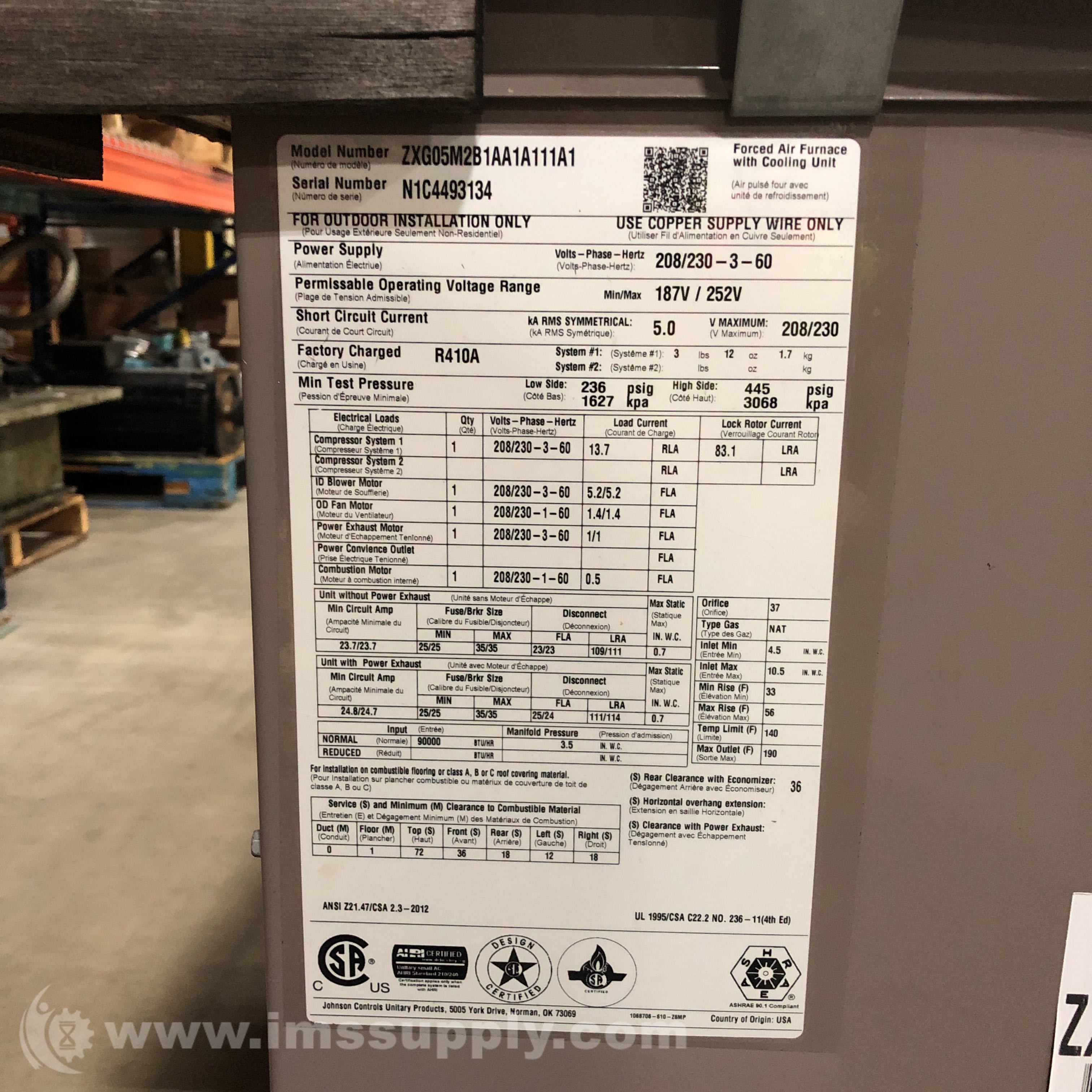 Johnson Controls ZXG05M2B1AA1A111A1 Forced Air Furnace - IMS Supply