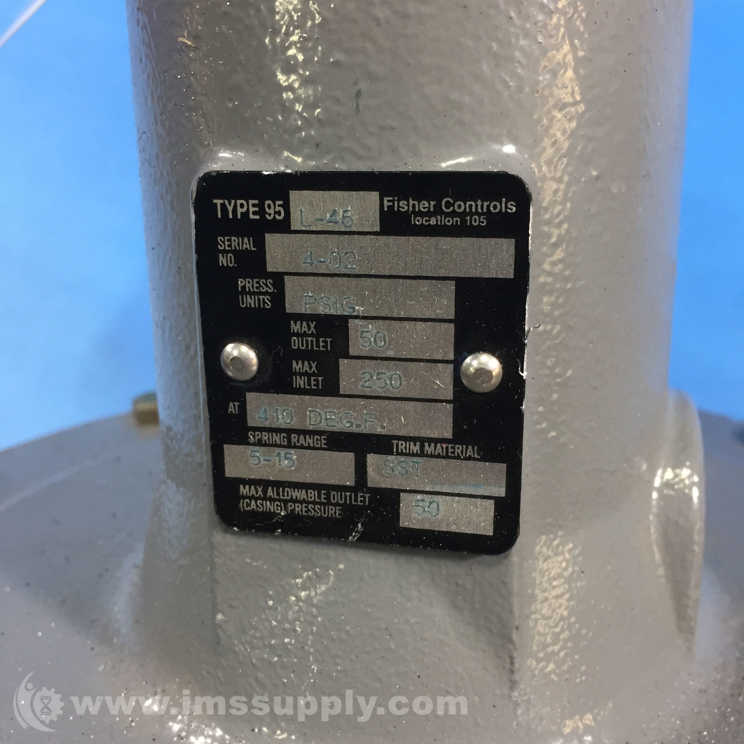 Fisher Controls 95 L-46 Pressure Regulator, 50 PSIG, 410 °F - IMS Supply