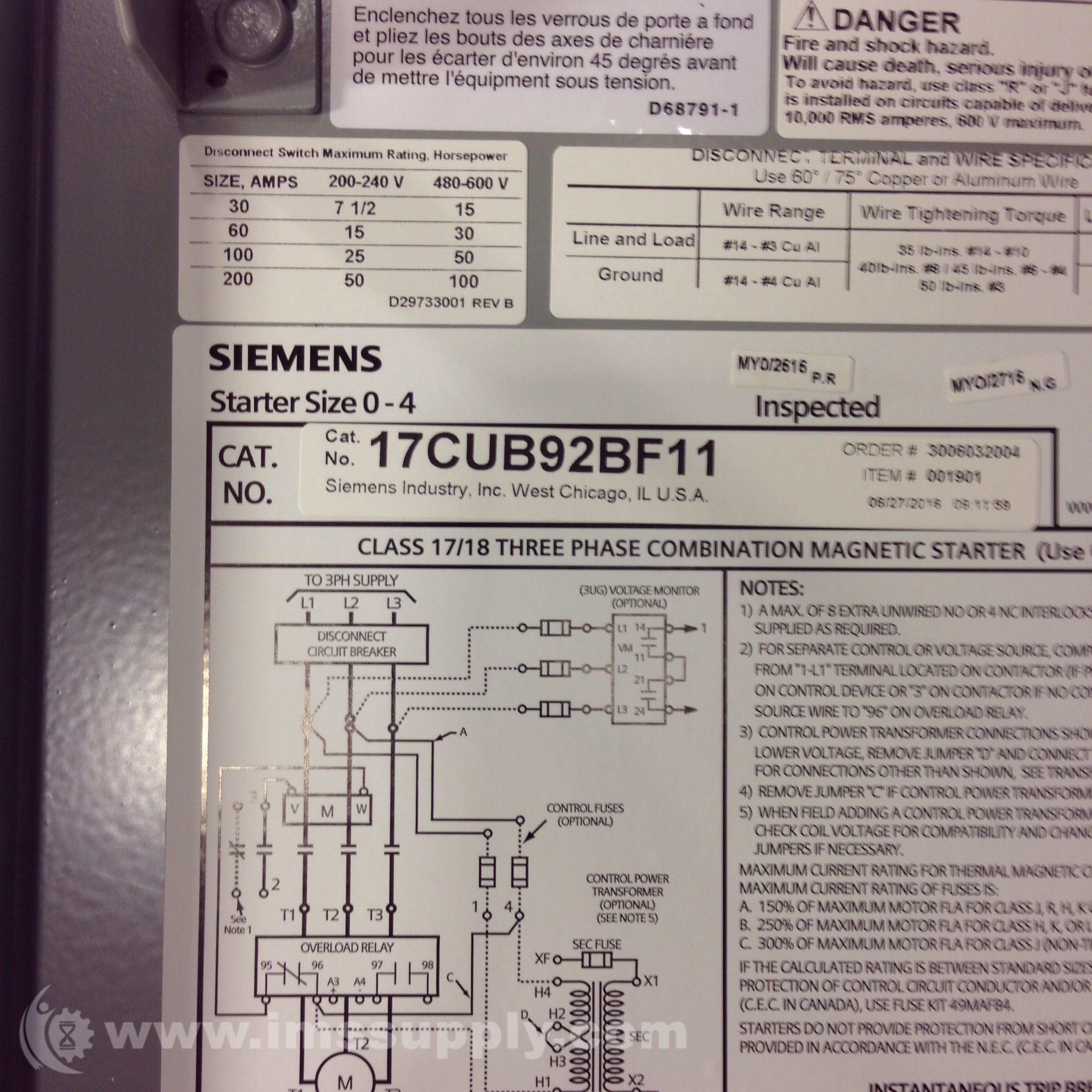 Siemens 17CUB92BF11 Three Phase Combination Magnetic Starter - IMS Supply