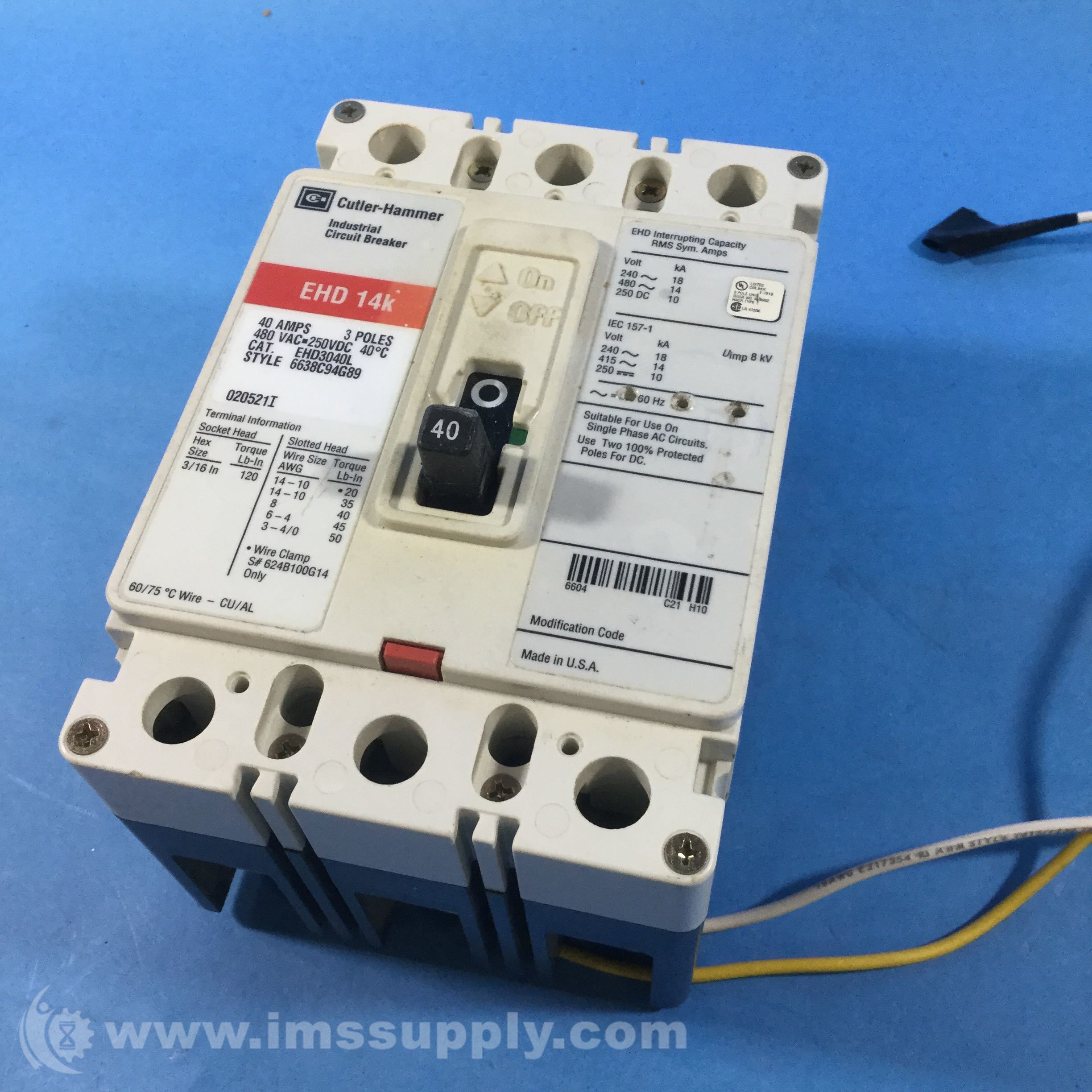Cutler Hammer EHD3040L,Circuit Breaker 40AMP 3Pole 480VAC 250VDC - IMS ...