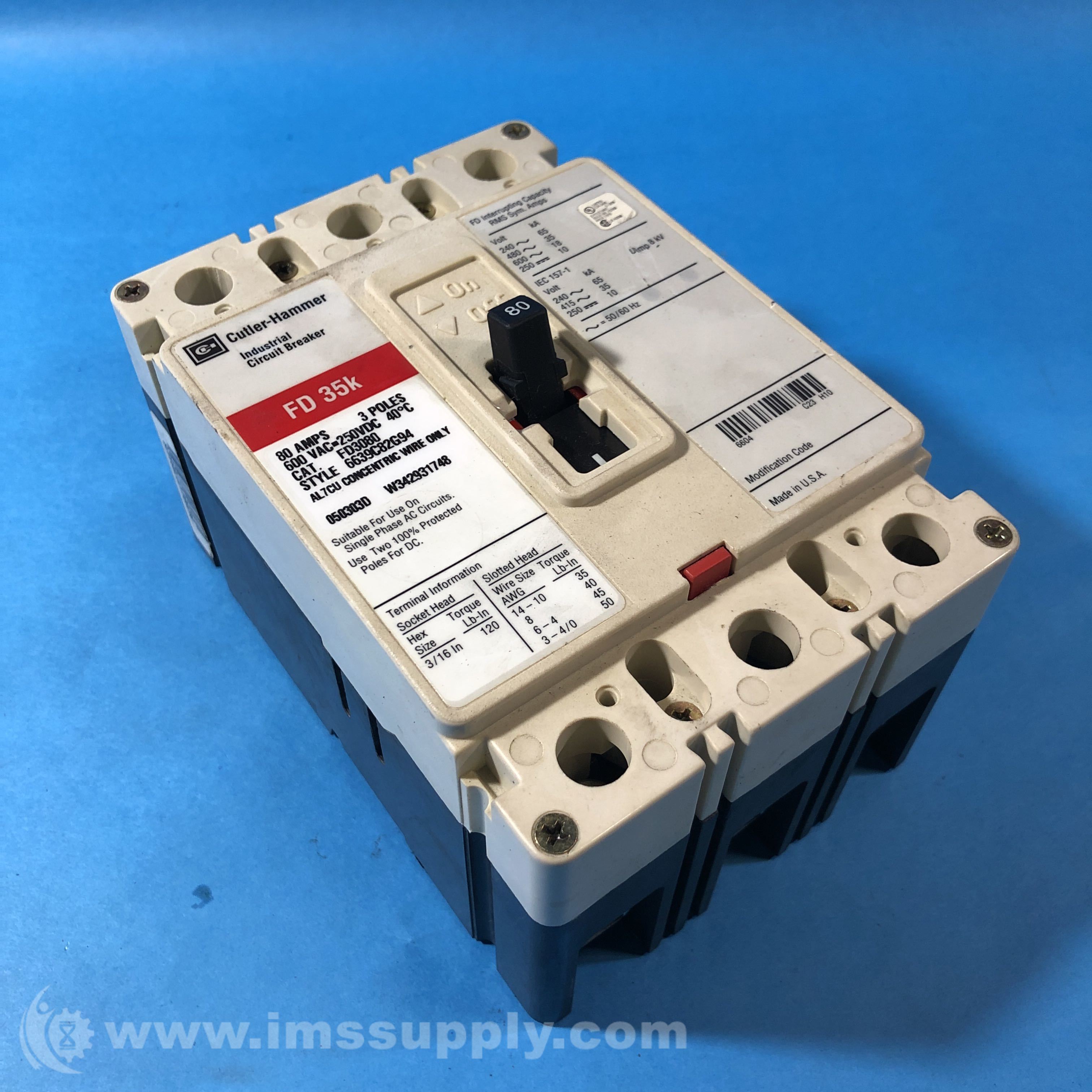 Cutler Hammer FD3080 Circuit Breaker, 80 Amp, 3 Pole, 600 VAC - IMS Supply
