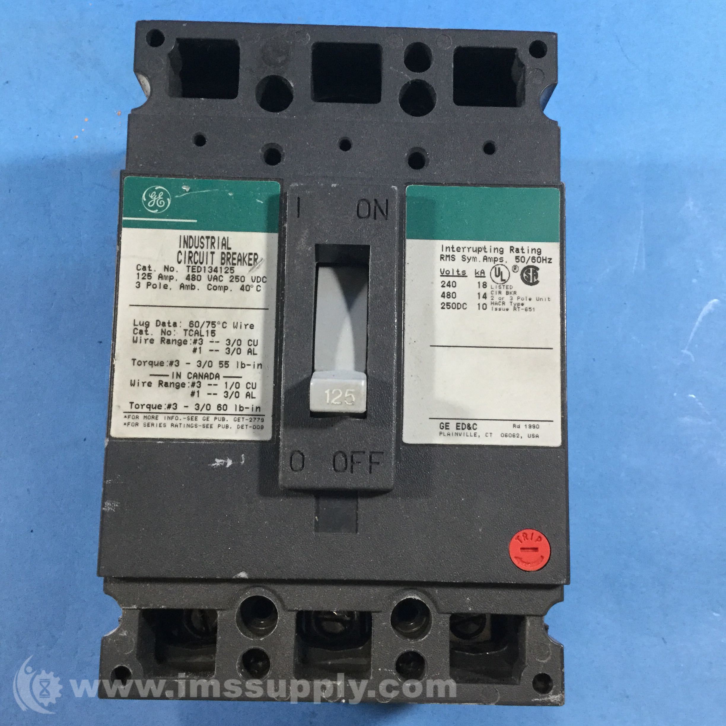 General Electric TED134125 Circuit Breaker, 125AMP, 480VAC, 250V - IMS ...