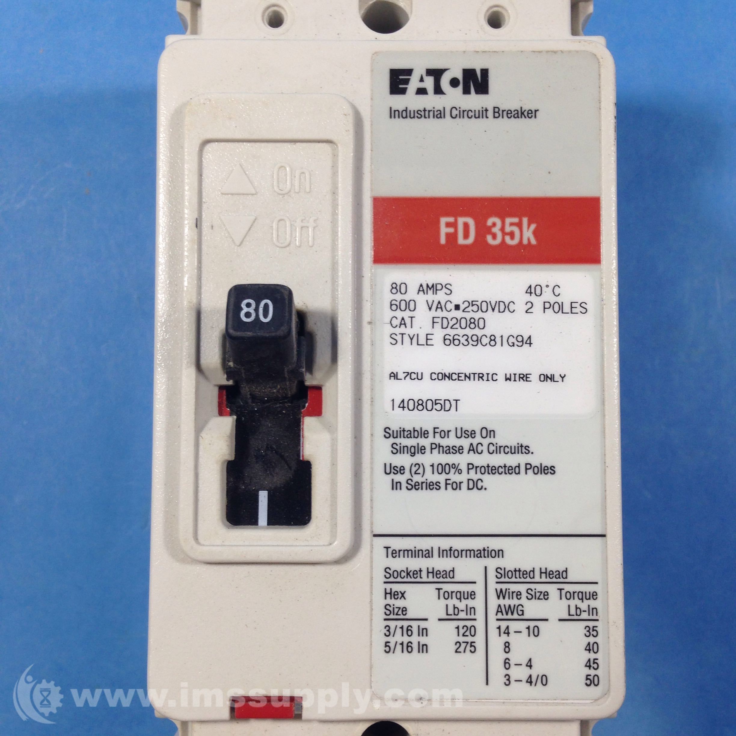 Eaton FD2080 Circuit Breaker 80A 600VAC/250VDC 2 Poles - IMS Supply