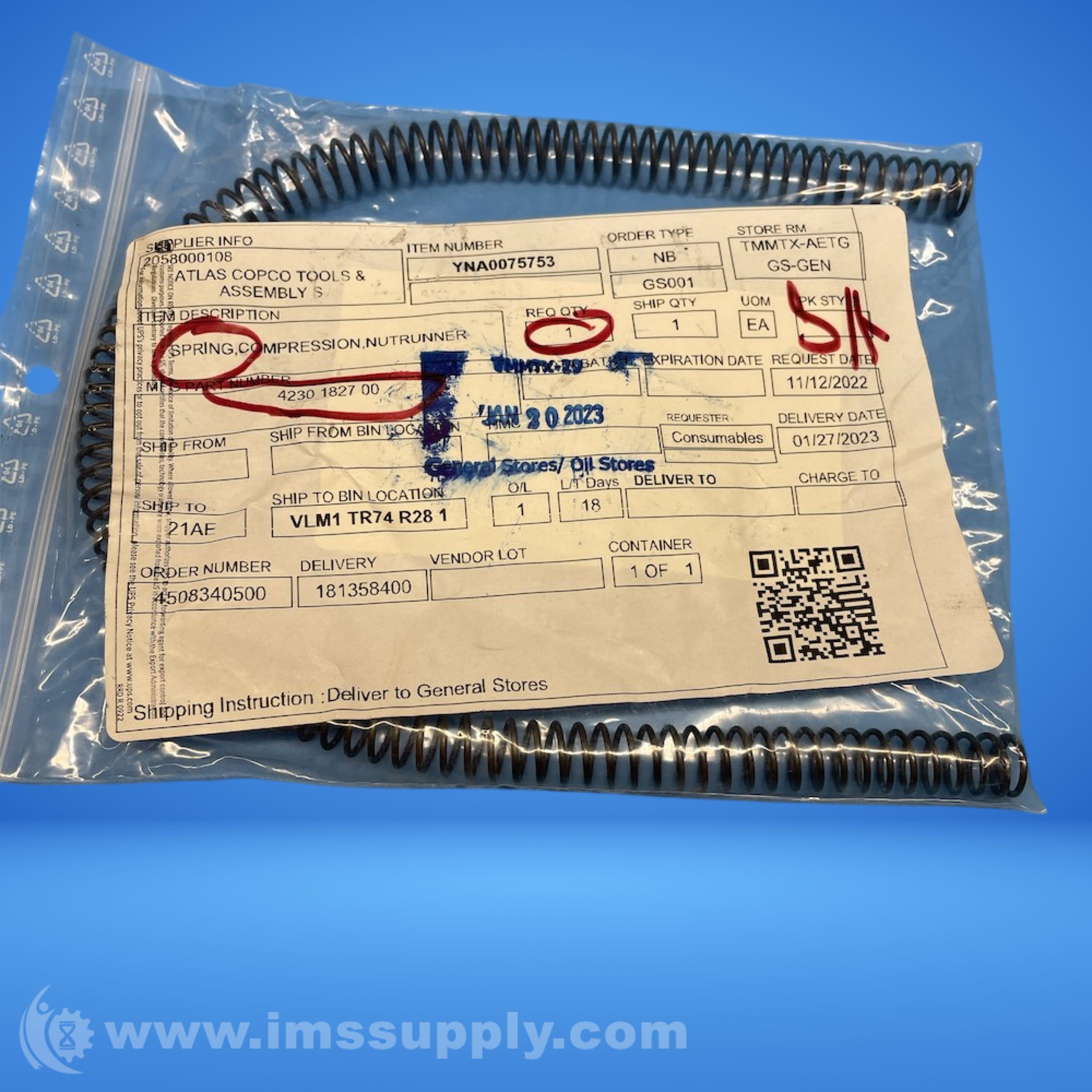 Atlas Copco 4230 1827 00 Compression Spring - IMS Supply