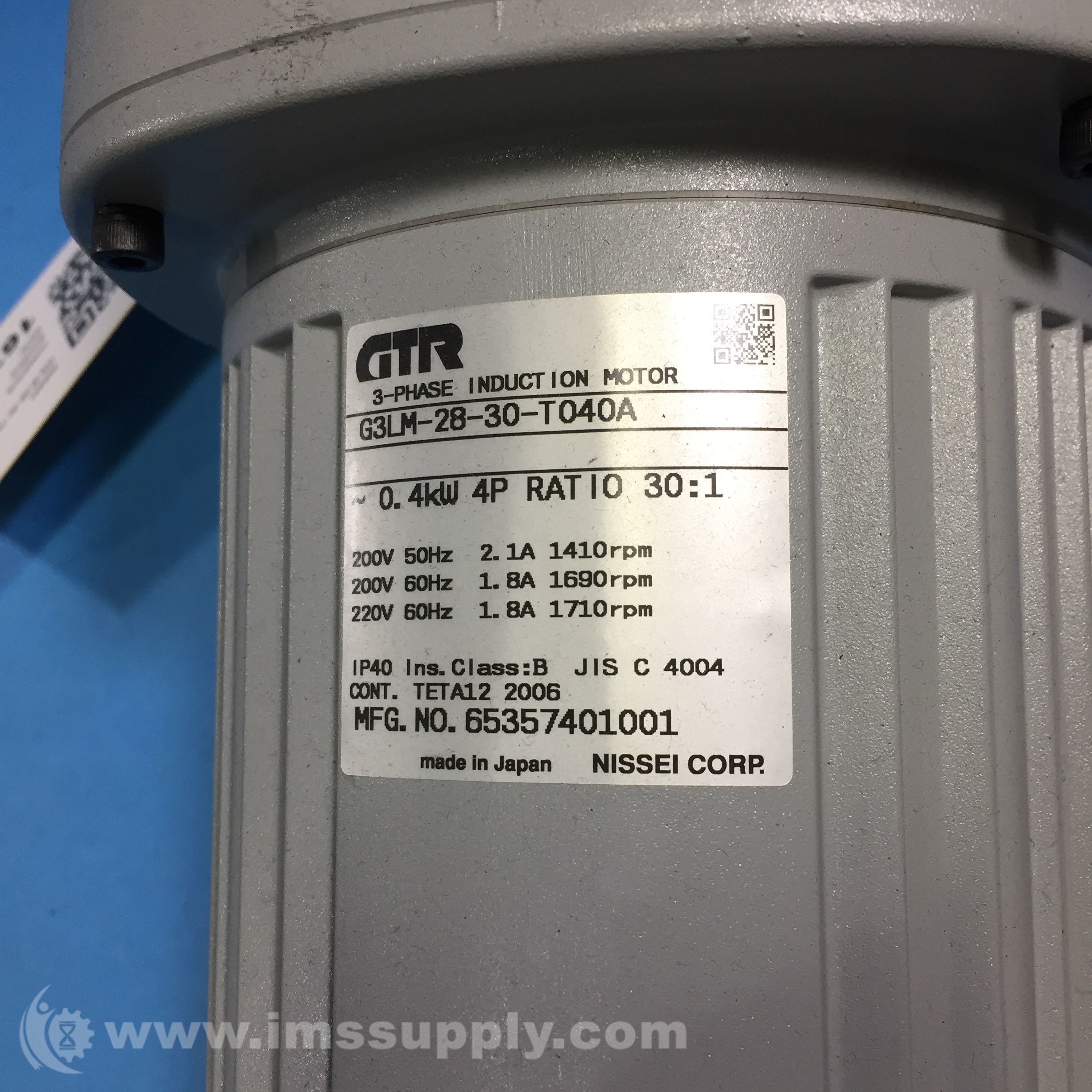Nissei Corp. G3LM-28-30-T040A 3 Phase Induction Motor, 0.4 kW, 4P - IMS Supply