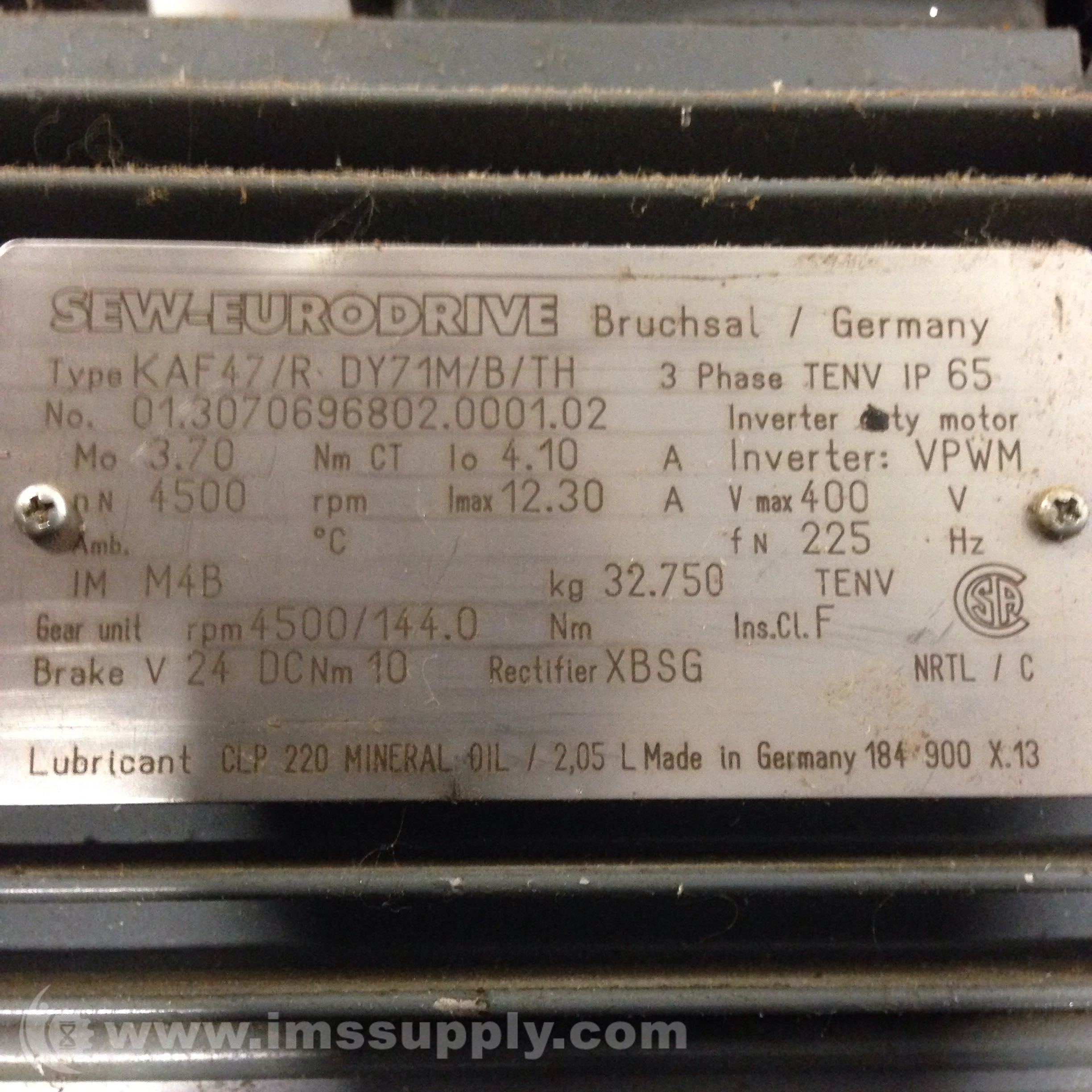 Sew Eurodrive KAF47/R DY71M/B/TH 3PH 4500RPM Motor w/Gearbox - IMS Supply