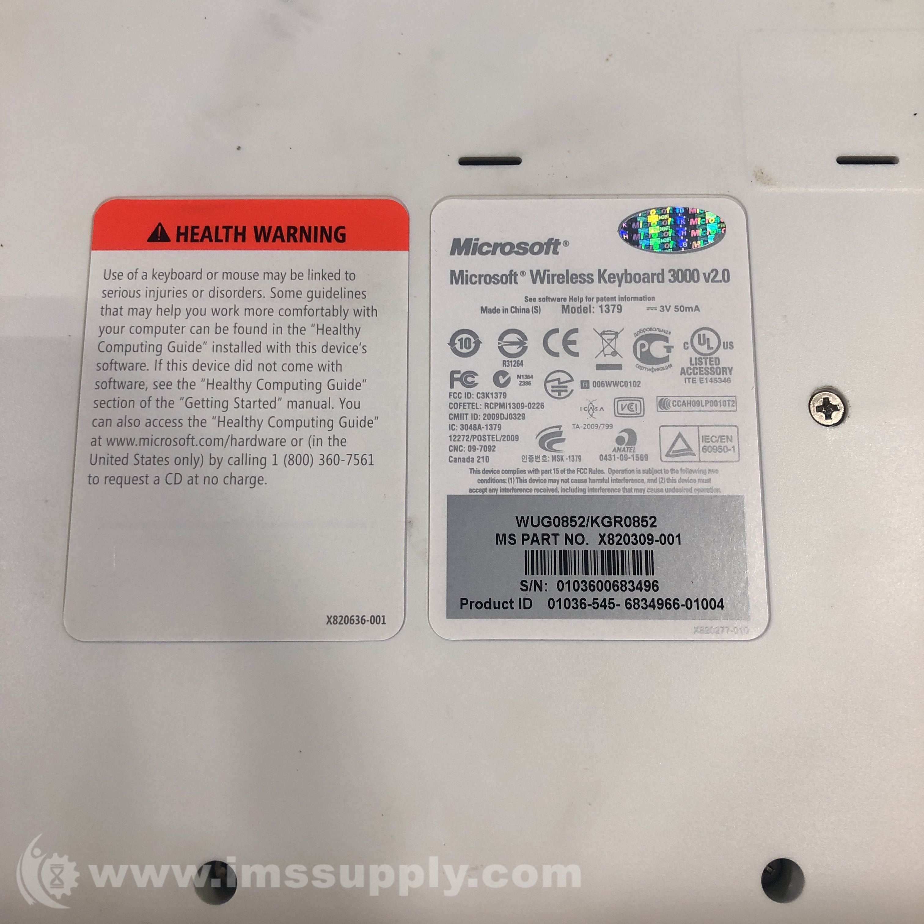 Microsoft X820309-001 Wireless Keyboard 3000 V2.0 - IMS Supply