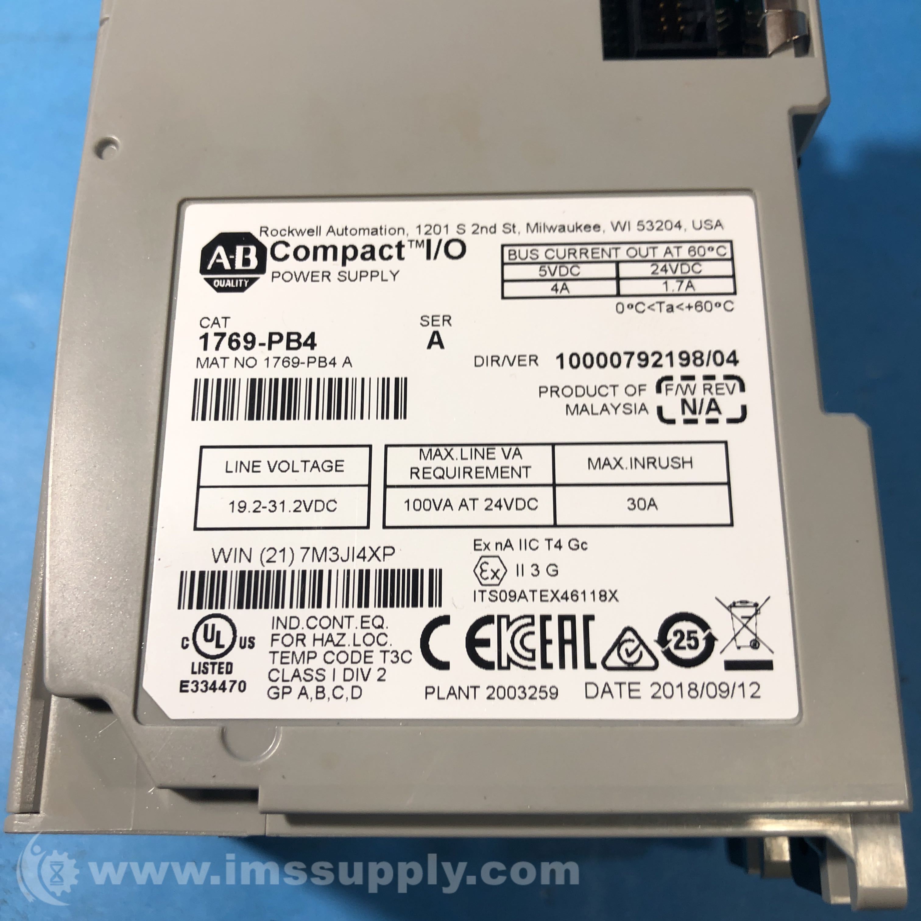 Allen Bradley 1769-PB4 Series A Power Supply - IMS Supply