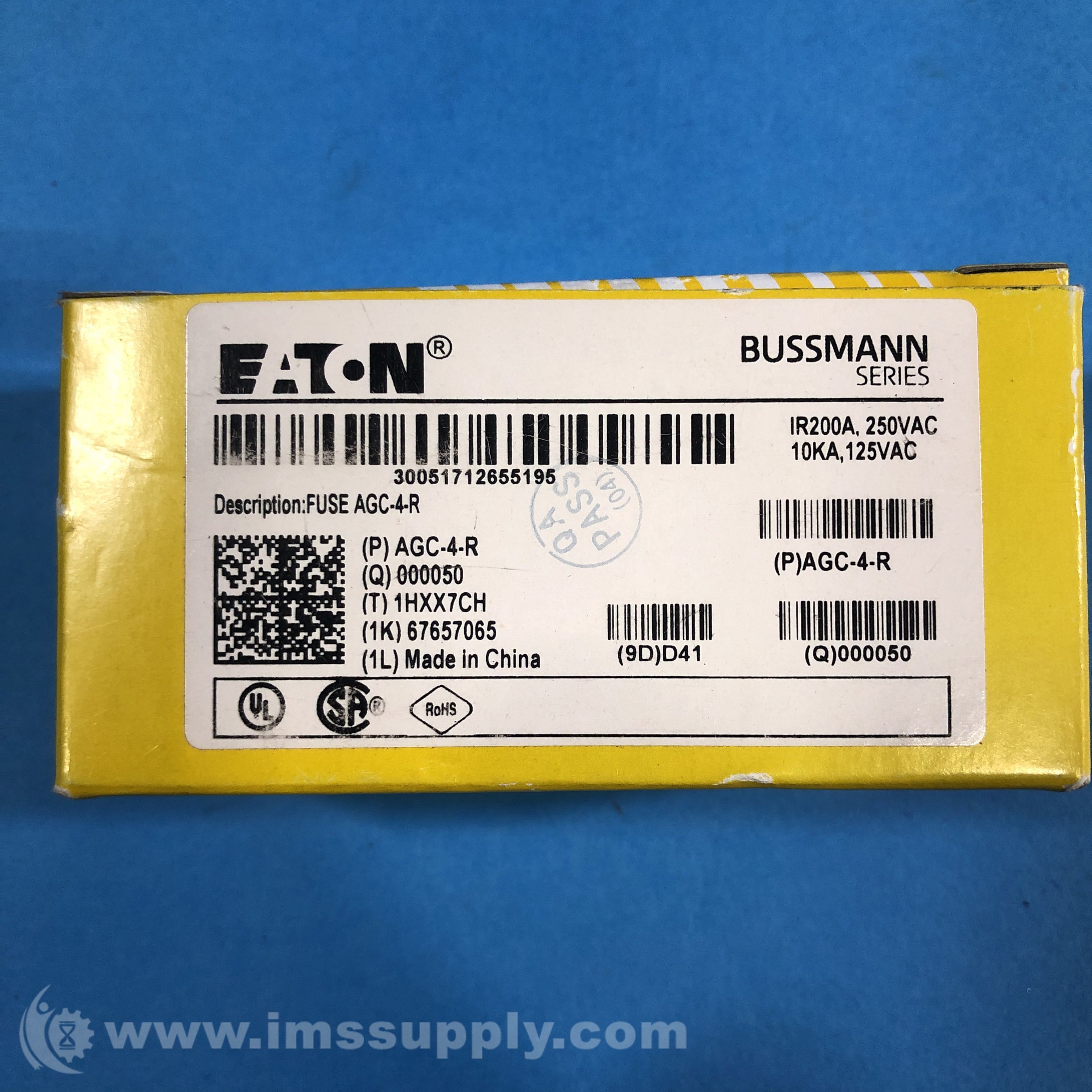 Eaton Corporation AGC-4-R 250VAC 4A Cartridge Fuse Box of 50 - IMS Supply
