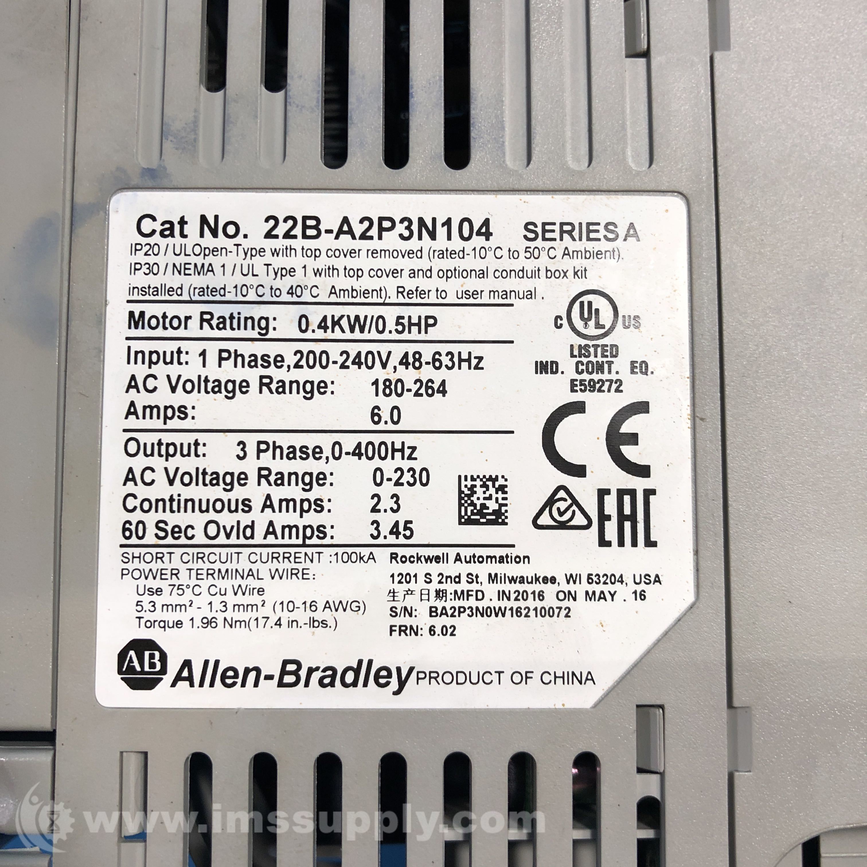 Allen Bradley 22B-A2P3N104 Series A PowerFlex 40 AC Drive - IMS Supply