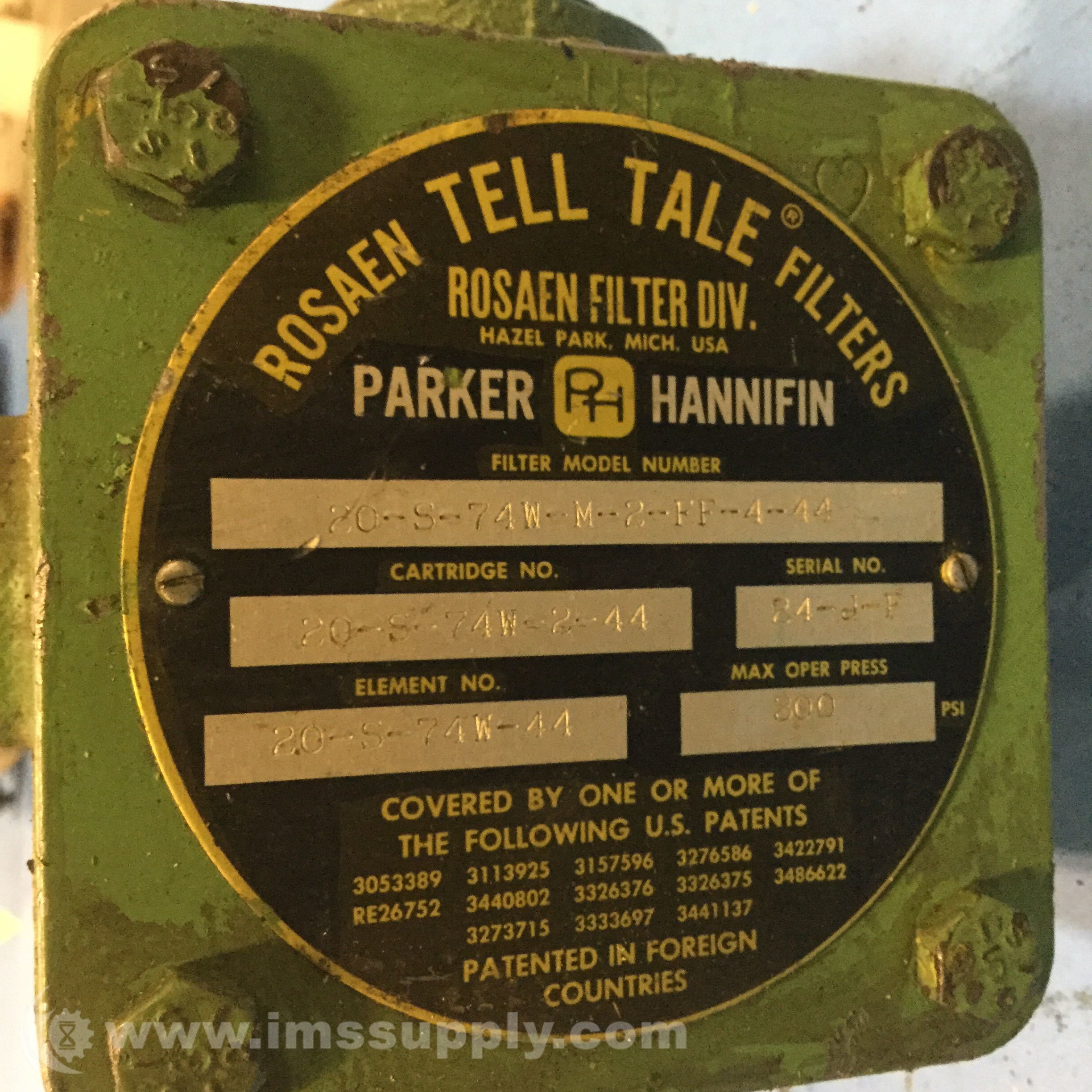 Parker Hannifin 20-S-74W-M-2-FF-4-44 Tell Tale Hydraulic Filter - IMS ...