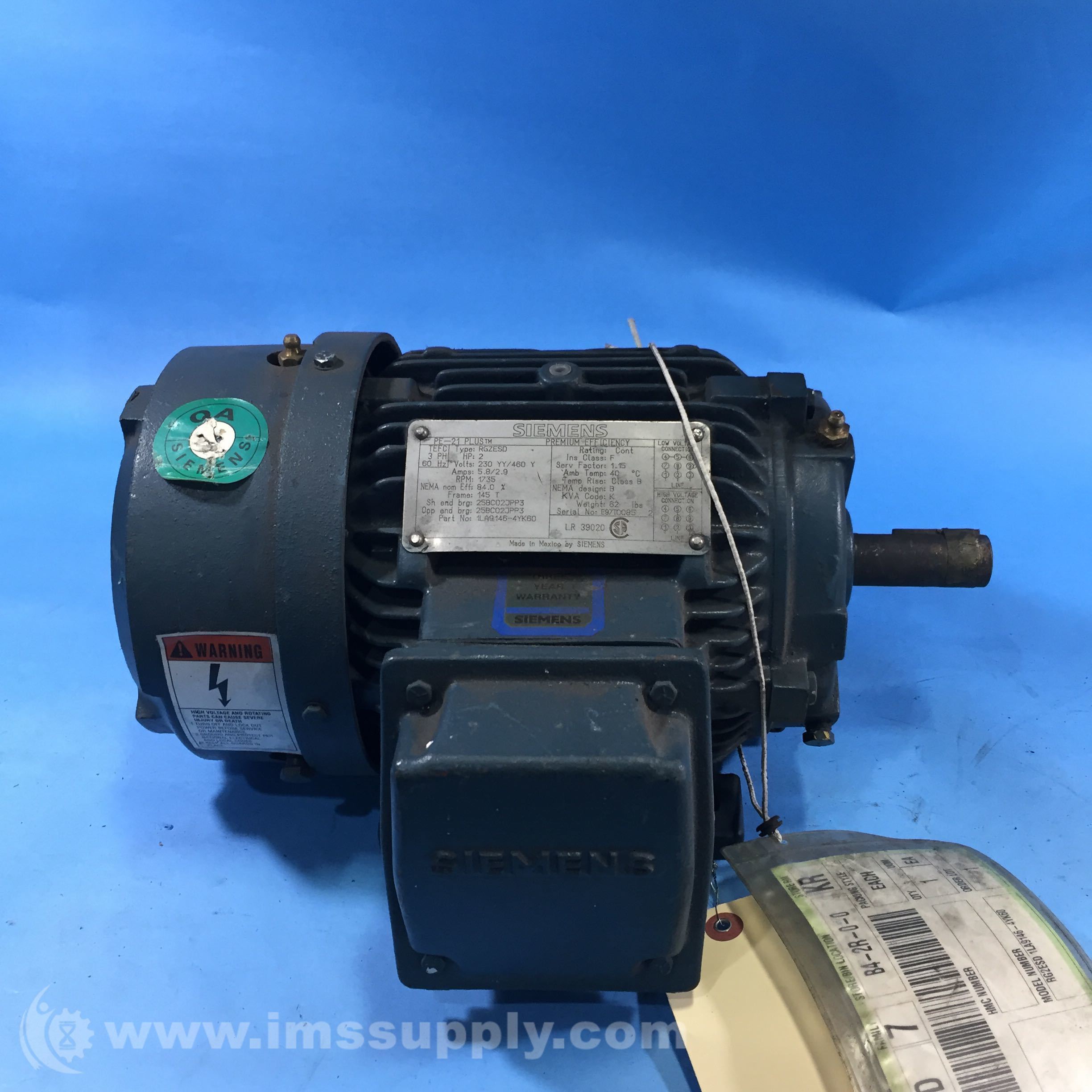 Siemens 1LA9146-4YK60 PE-21 Plus AC Motor, 1735 RPM - IMS Supply