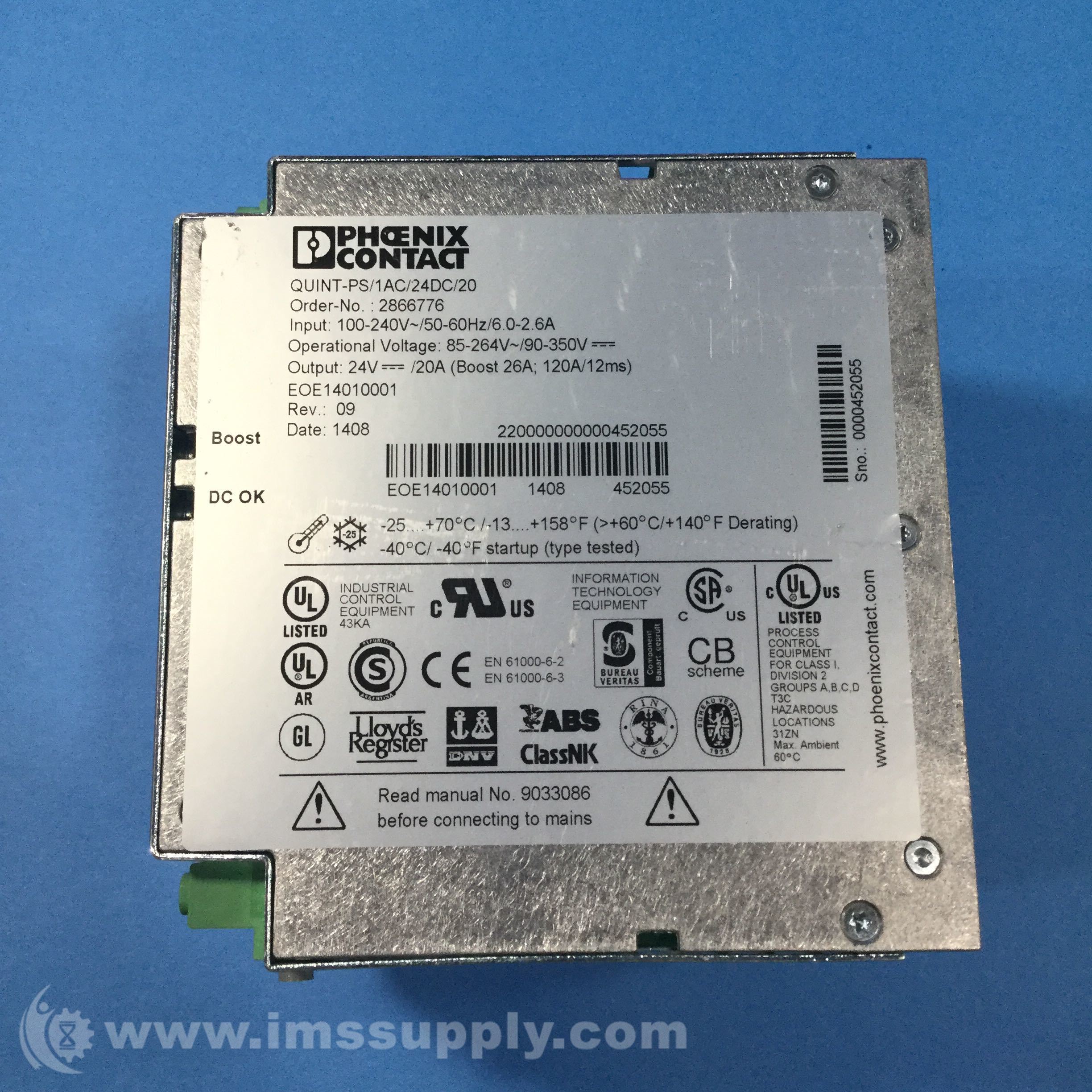 Phoenix Contact 2866776 Power Supply, 24 V DC/20 A, 1-Phase - IMS Supply