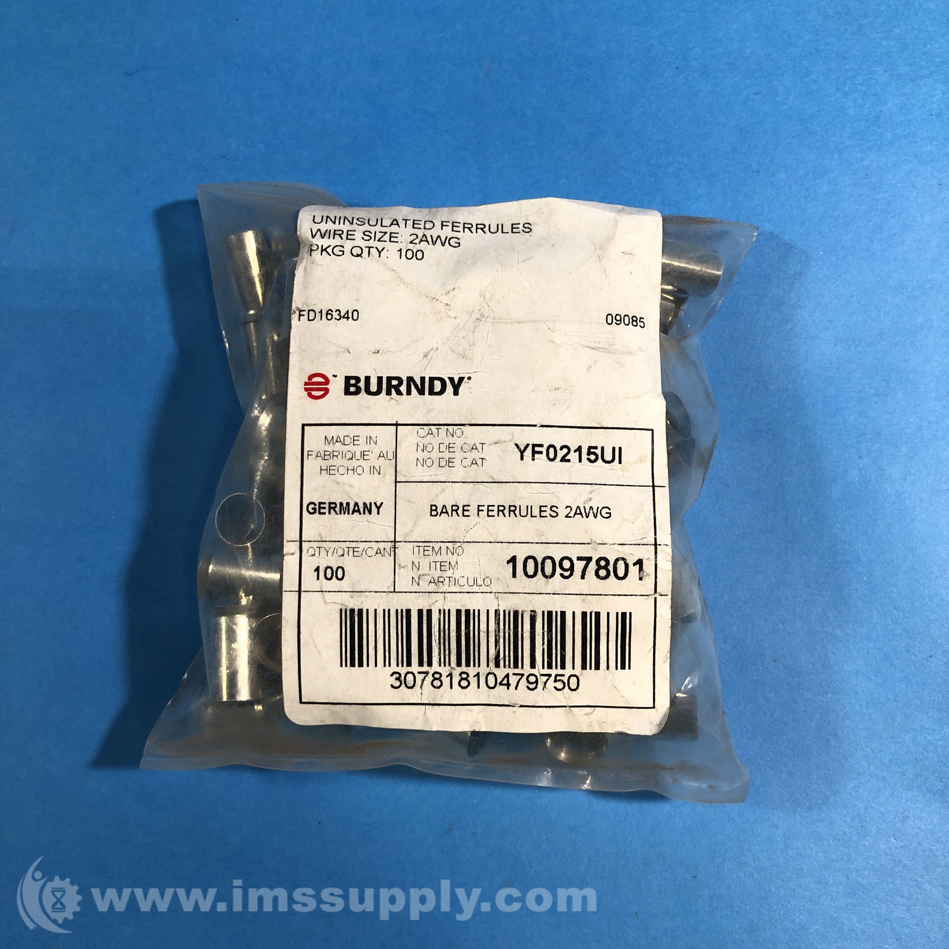 Burndy YF0215UI Pack of 100 Bare Ferrules, 2 Awg - IMS Supply