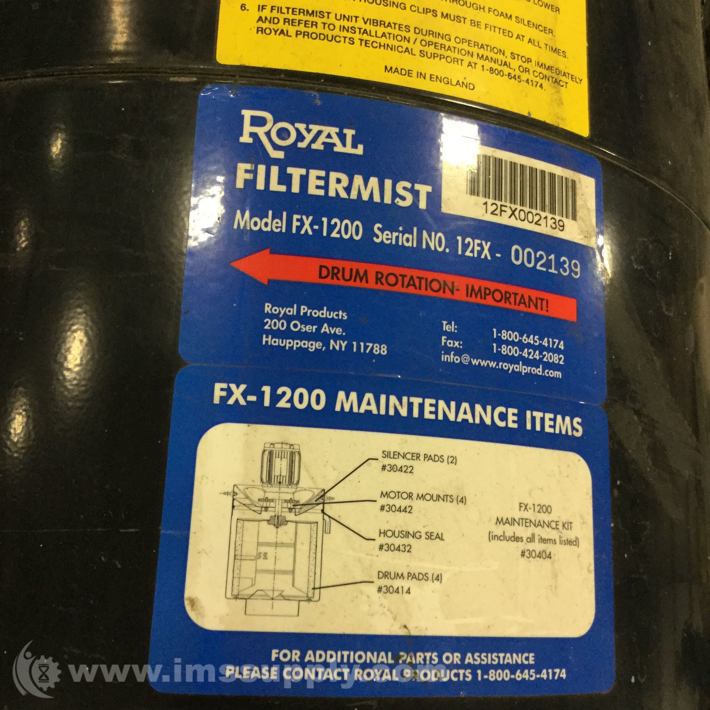 Royal FX-1200 Filtermist Mist Collector, Cat NO: TMV 90L1-2 B14B - IMS ...