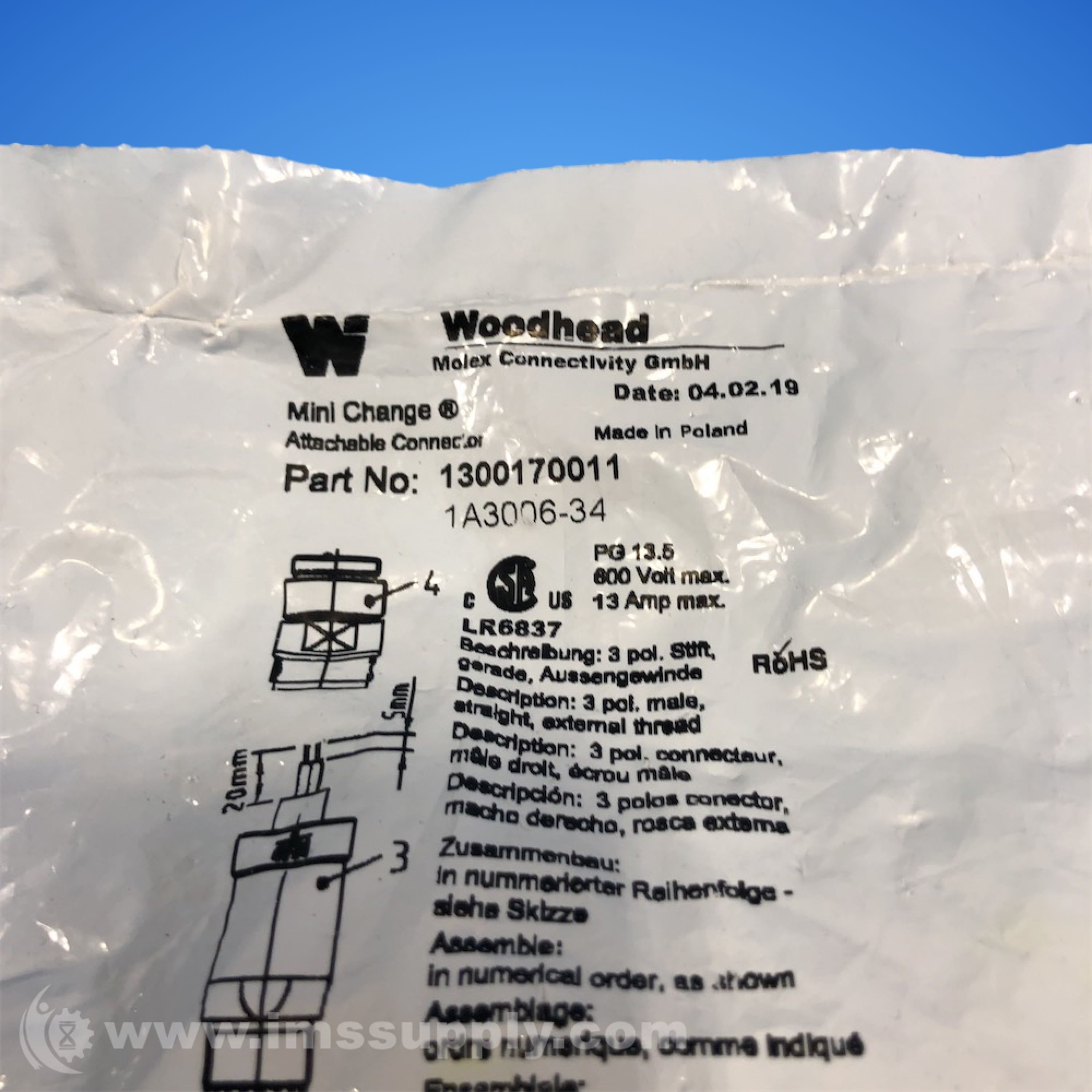 Woodhead 1300170011 Male Connector 3P Mini-Change - IMS Supply