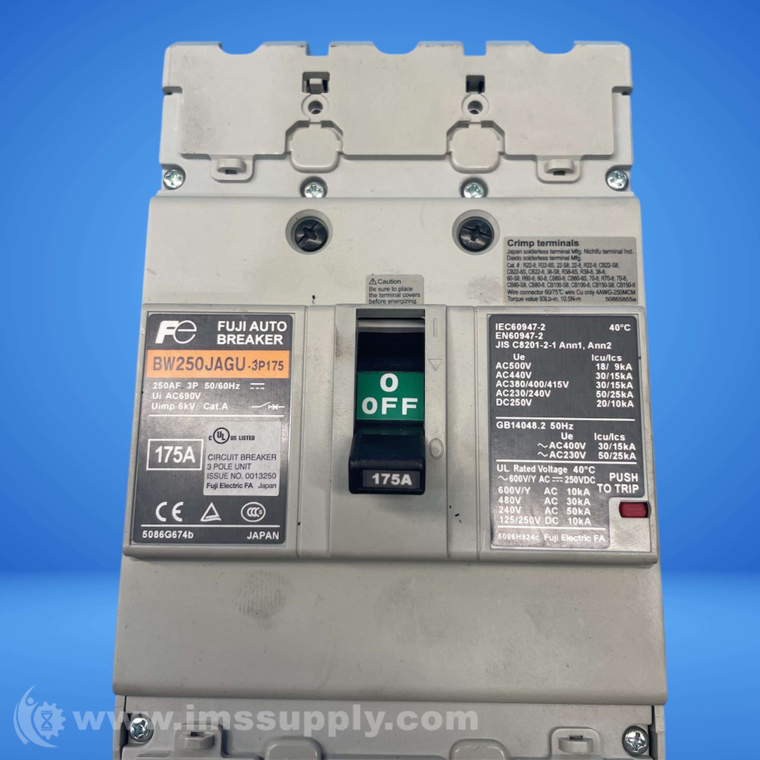 Fuji Electric BW250JAGU-3P175 Circuit Breaker, 175A, 3-Pole - IMS Supply