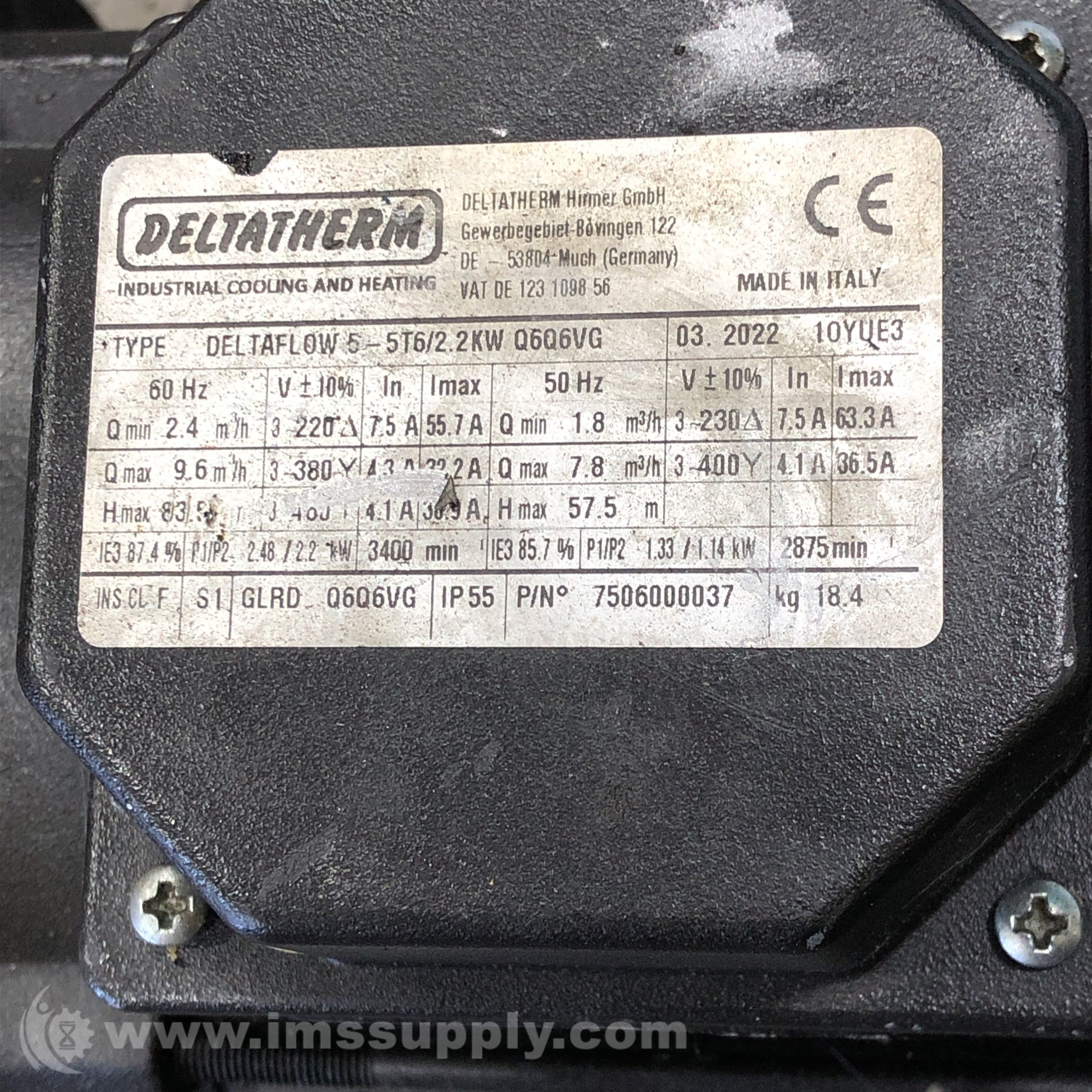DELTATHERM Hirmer DELTAFLOW 5-5T6/2.2KW Q6Q6VG Pump - IMS Supply