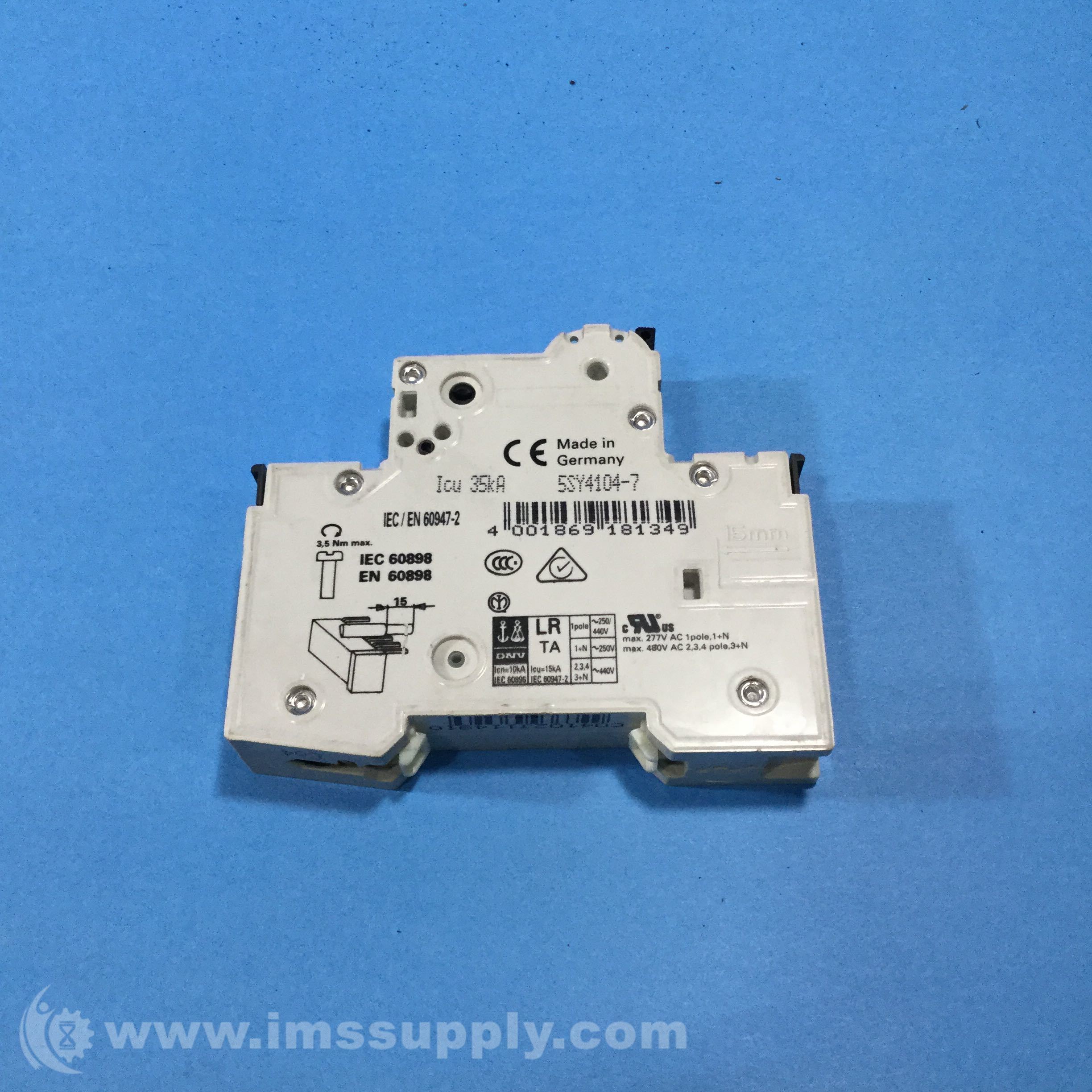 Siemens 5SY4-104-7 Miniature Circuit Breaker, 230/400 V, 1 Pole - IMS ...